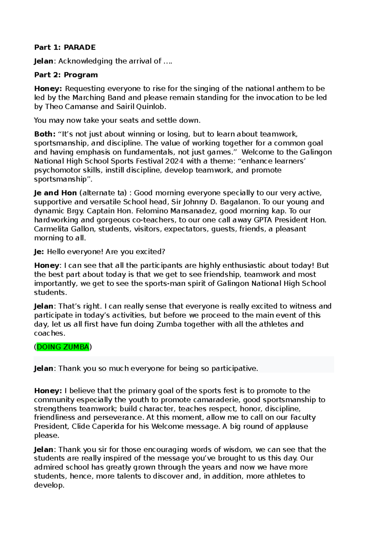 Sports fest script - Part 1: PARADE Jelan: Acknowledging the arrival of ...