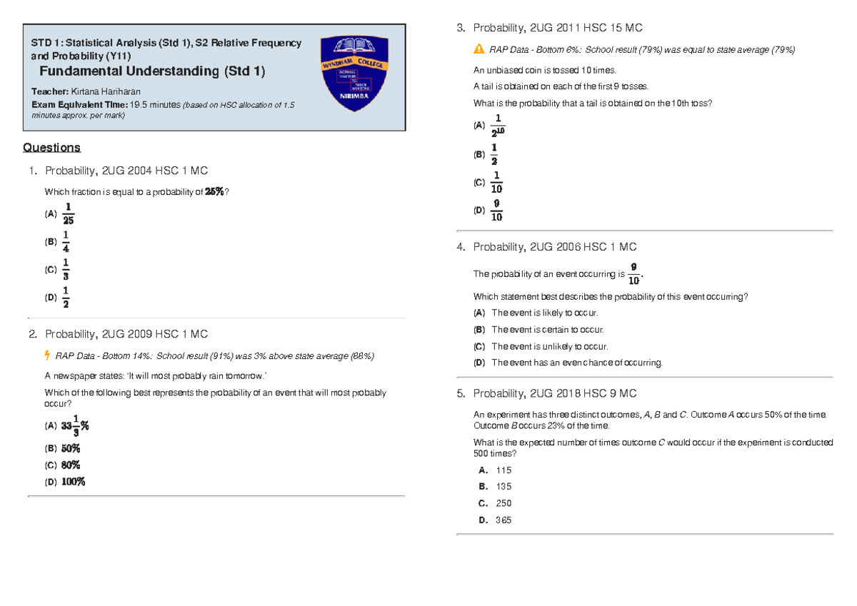 Fundamental Understanding - 1. Probability, 2UG 2004 HSC 1 MC 2 ...