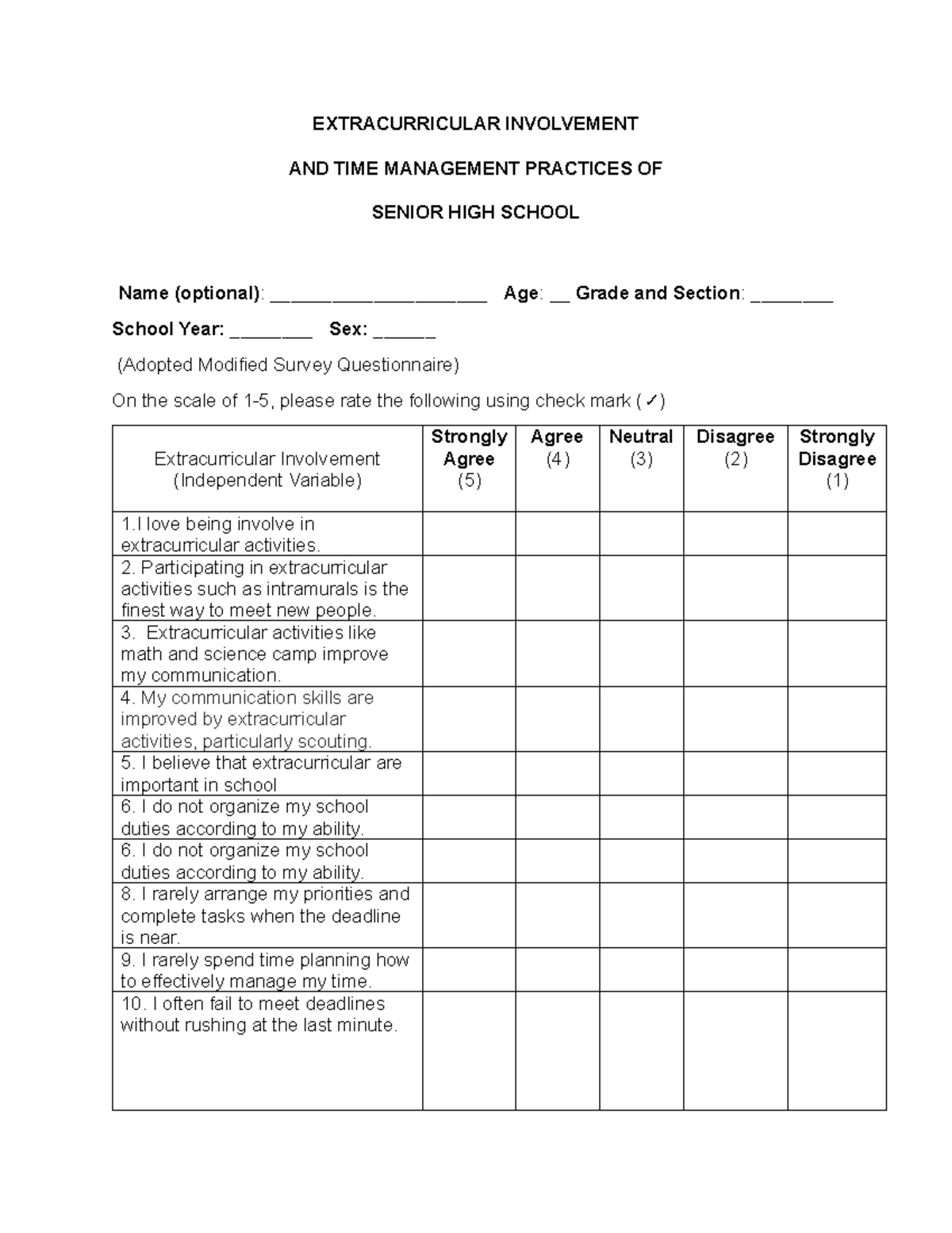 RESEARCH QUESTIONNAIRE FOR EXTRACURRICULAR ACTIVITIES AND TIME ...