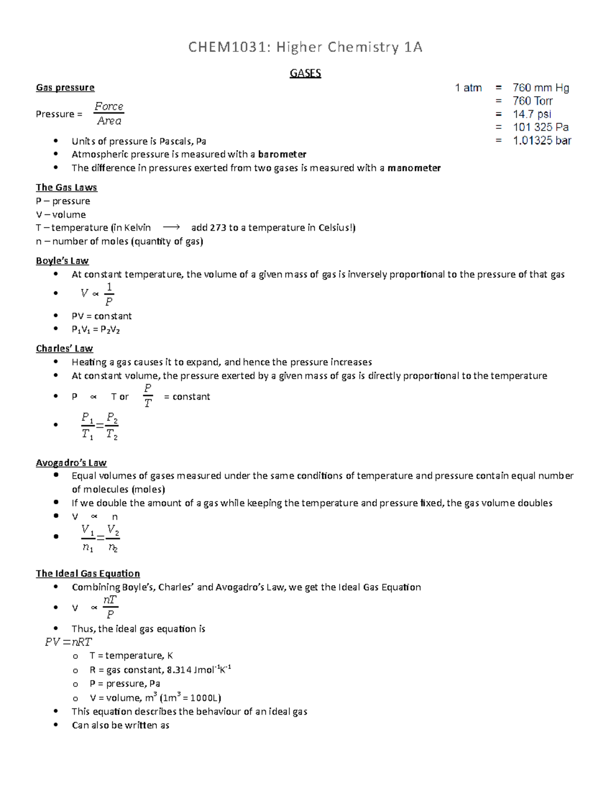 CHEM1031 Notes - Summary Higher Chemistry A: Atoms, Molecules, and ...