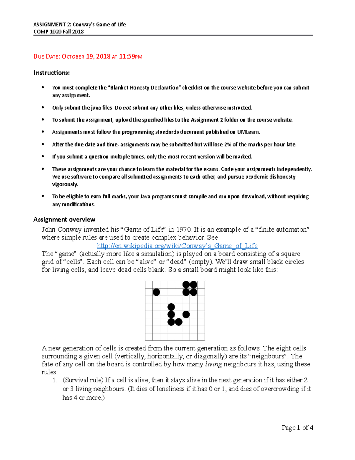 Comp1020 Assignment 2 Assignment 2 Conways Game Of Life Comp 1020 Fall 2018 Due Date 