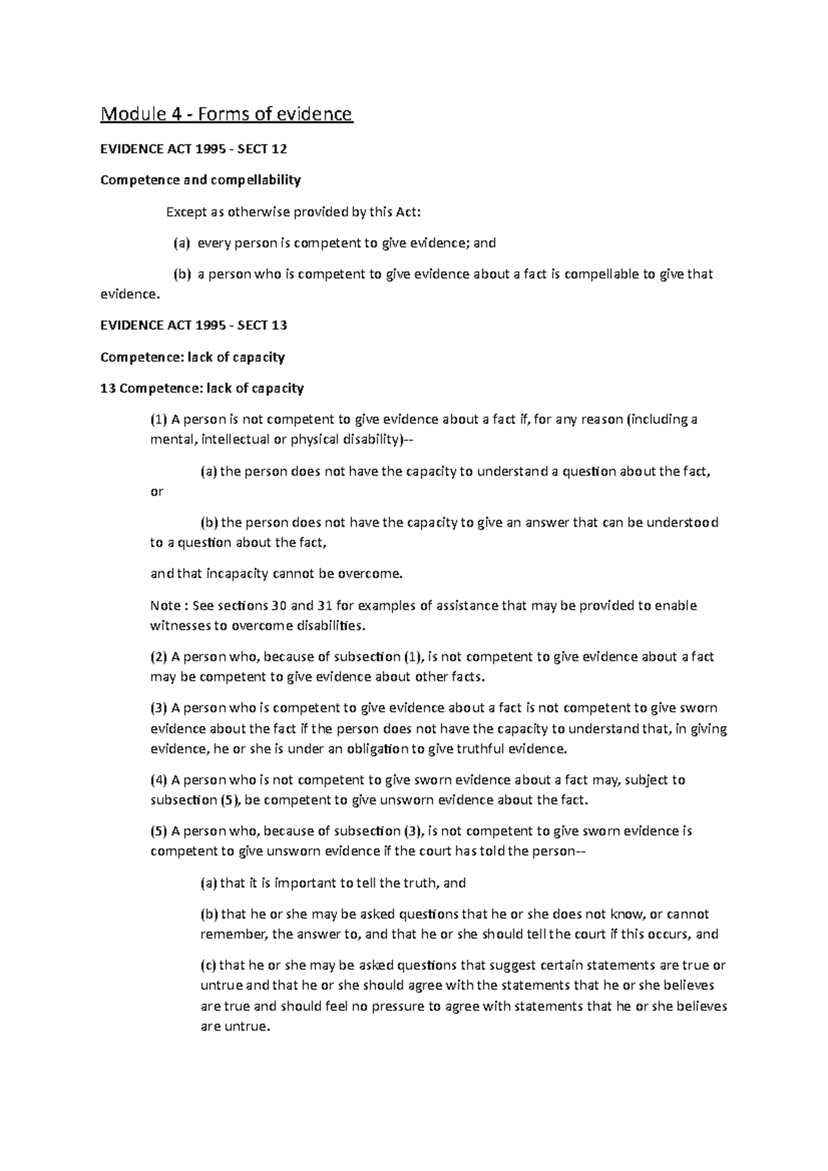 CPE Final Exam Legislation - Module 4 - Forms of evidence EVIDENCE ACT ...