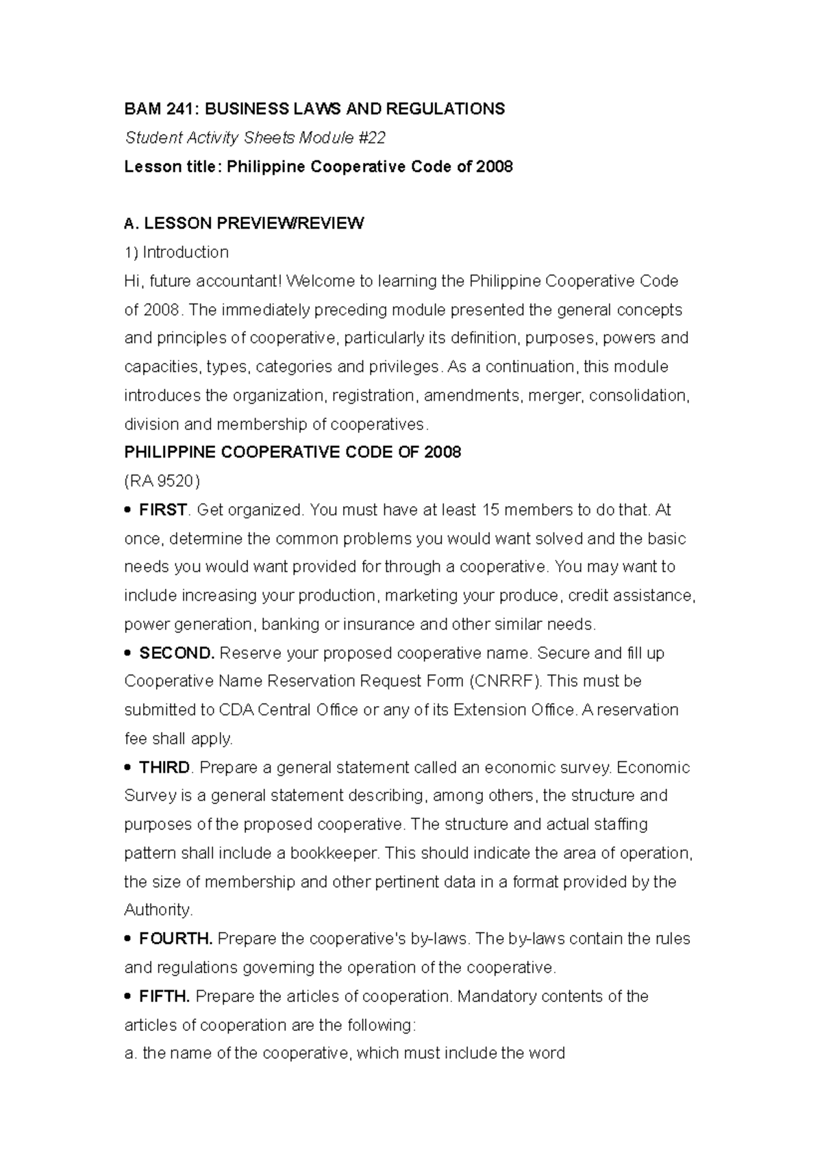 BAM 241 Lesson 22 - BAM 241: BUSINESS LAWS AND REGULATIONS Student ...