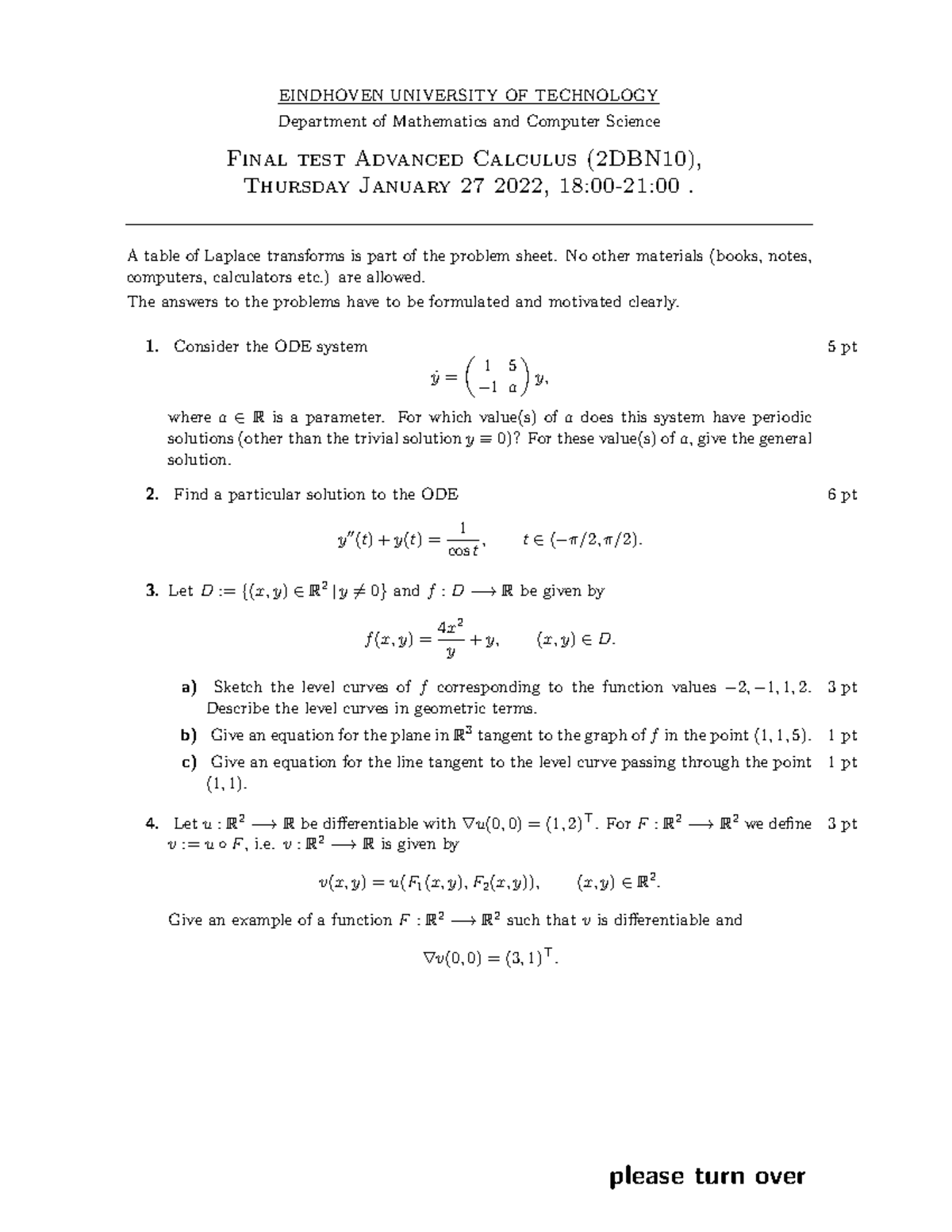 Practice exam january 2022 - EINDHOVEN UNIVERSITY OF TECHNOLOGY Department of Mathematics and ...