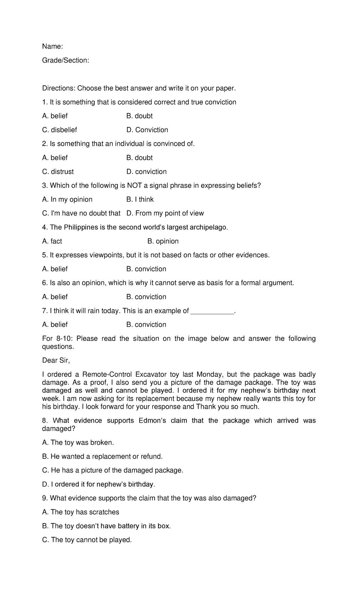 Long-test-revised - Summary Bachelor of Elementary Education - Name ...