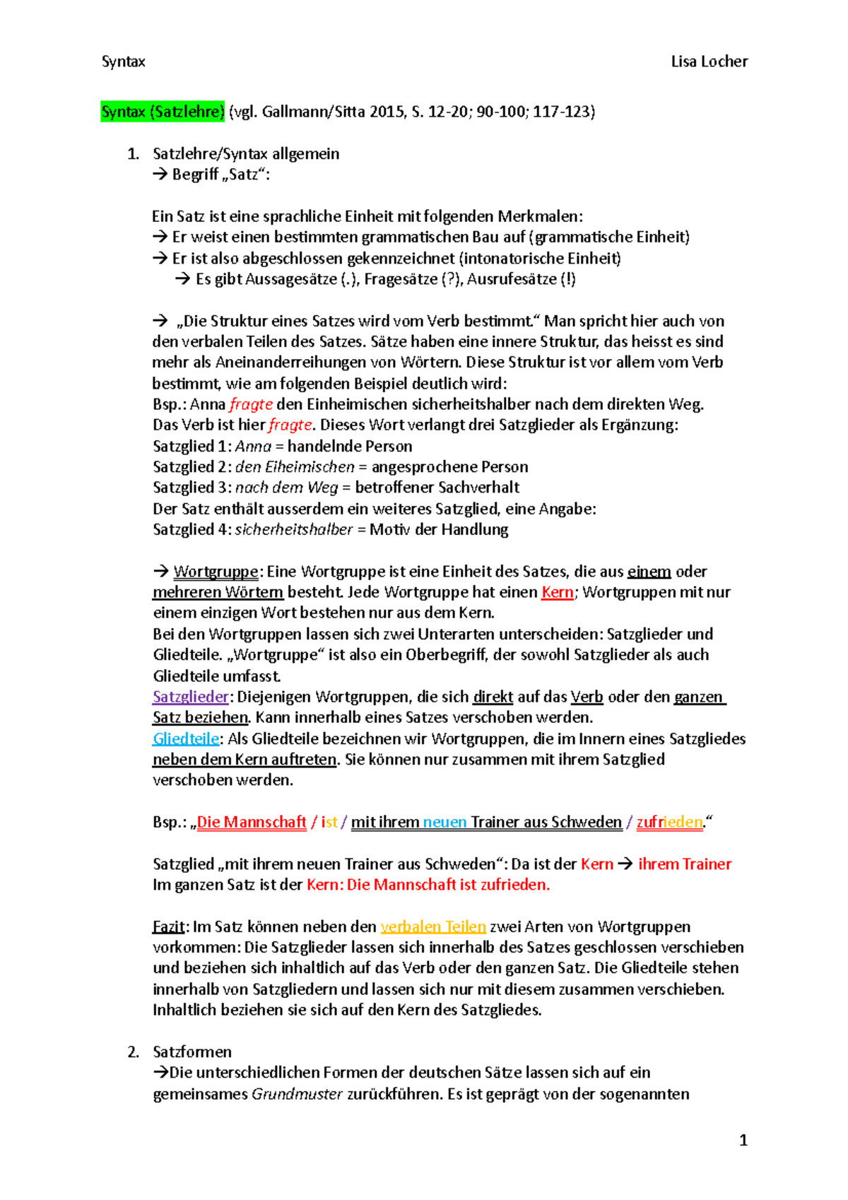 Syntax - Zusammenfassung Fachwissenschaft Deutsch - Syntax Lisa Locher ...