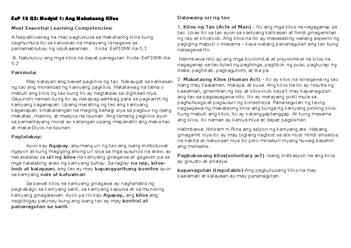 Es P-10 Q2 Modyul-1-outline - EsP 10 Q2: Modyul 1: Ang Makataong Kilos ...