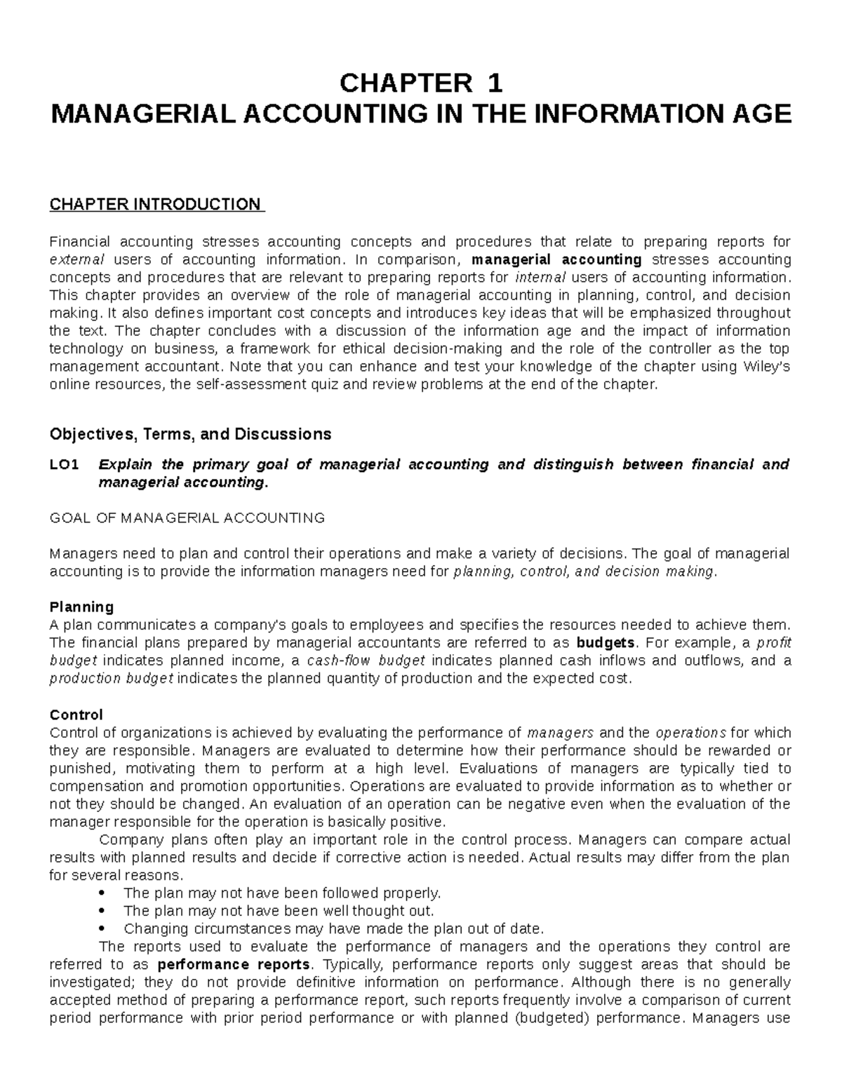 Ch1 Study Guide - CHAPTER 1 MANAGERIAL ACCOUNTING IN THE INFORMATION ...