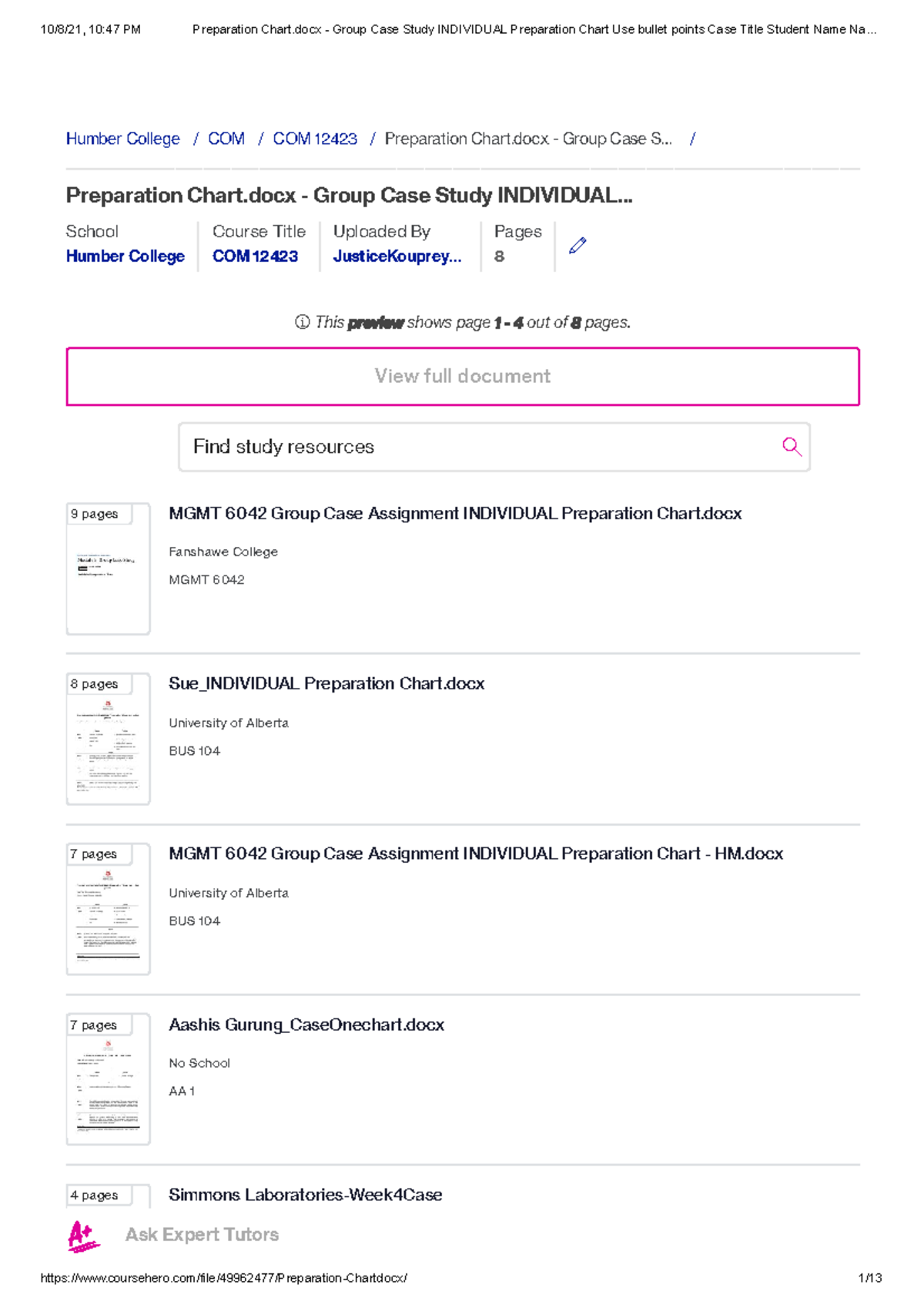 Preparation Chart.docx - Group Case Study Individual Preparation Chart ...