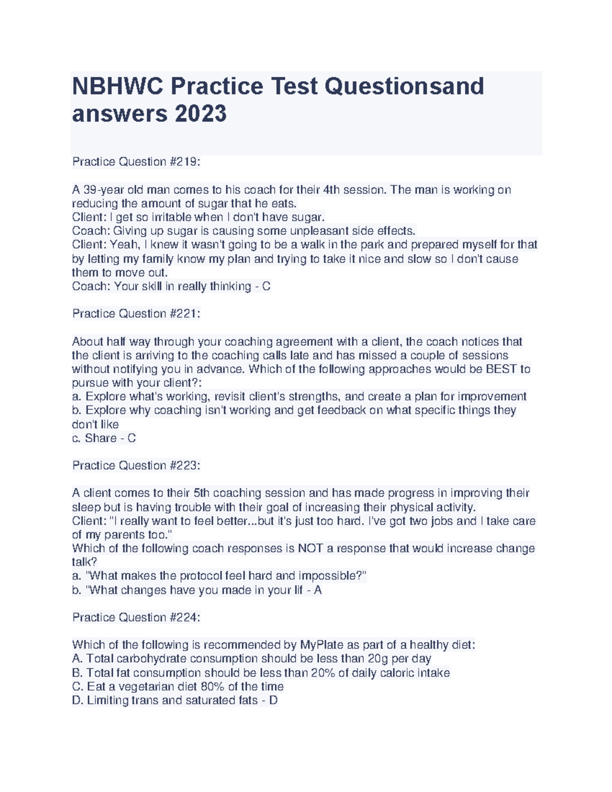 Nbhwc Practice Test Questionsand answers 2023 - NBHWC Practice Test ...