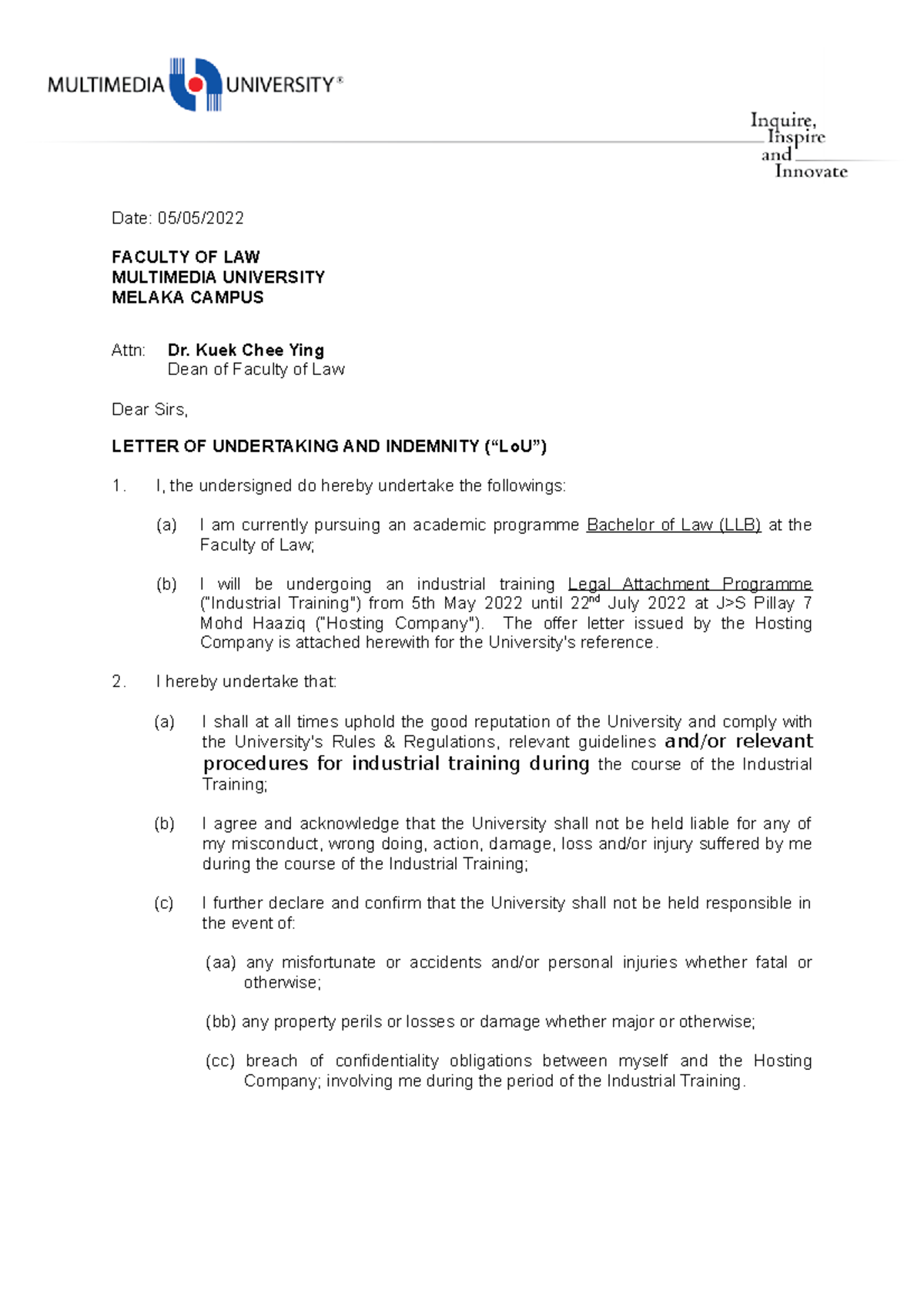 Letter of Undertaking done - Date: 05/05/ FACULTY OF LAW MULTIMEDIA ...