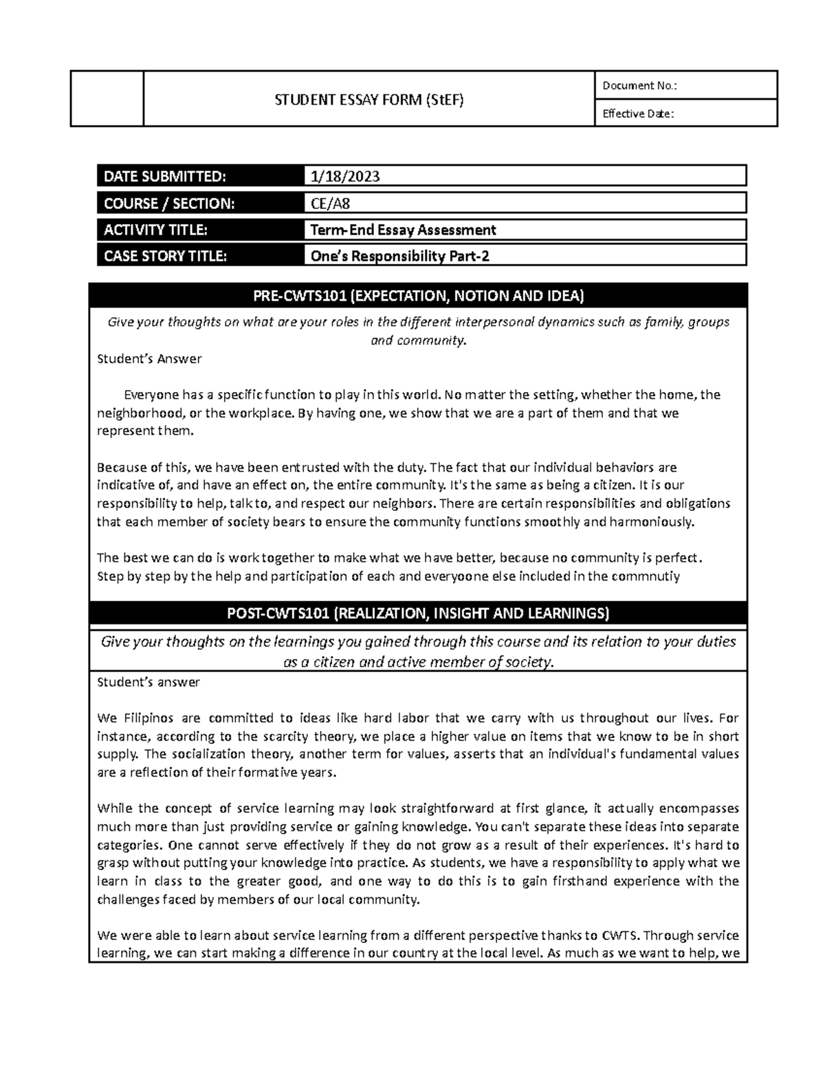 Nunez- CWTS101 Term End Essay Assessment part 2 - Essay on One’s ...