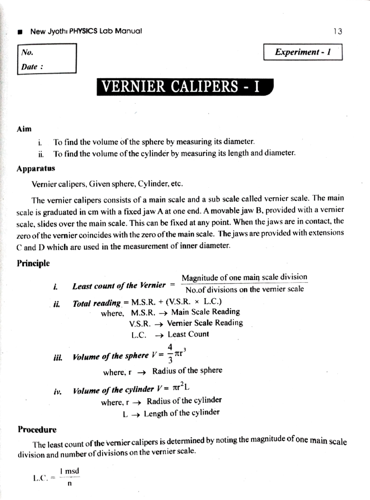 Vernier calipers physics experiment - BSc Chemistry - MG University ...