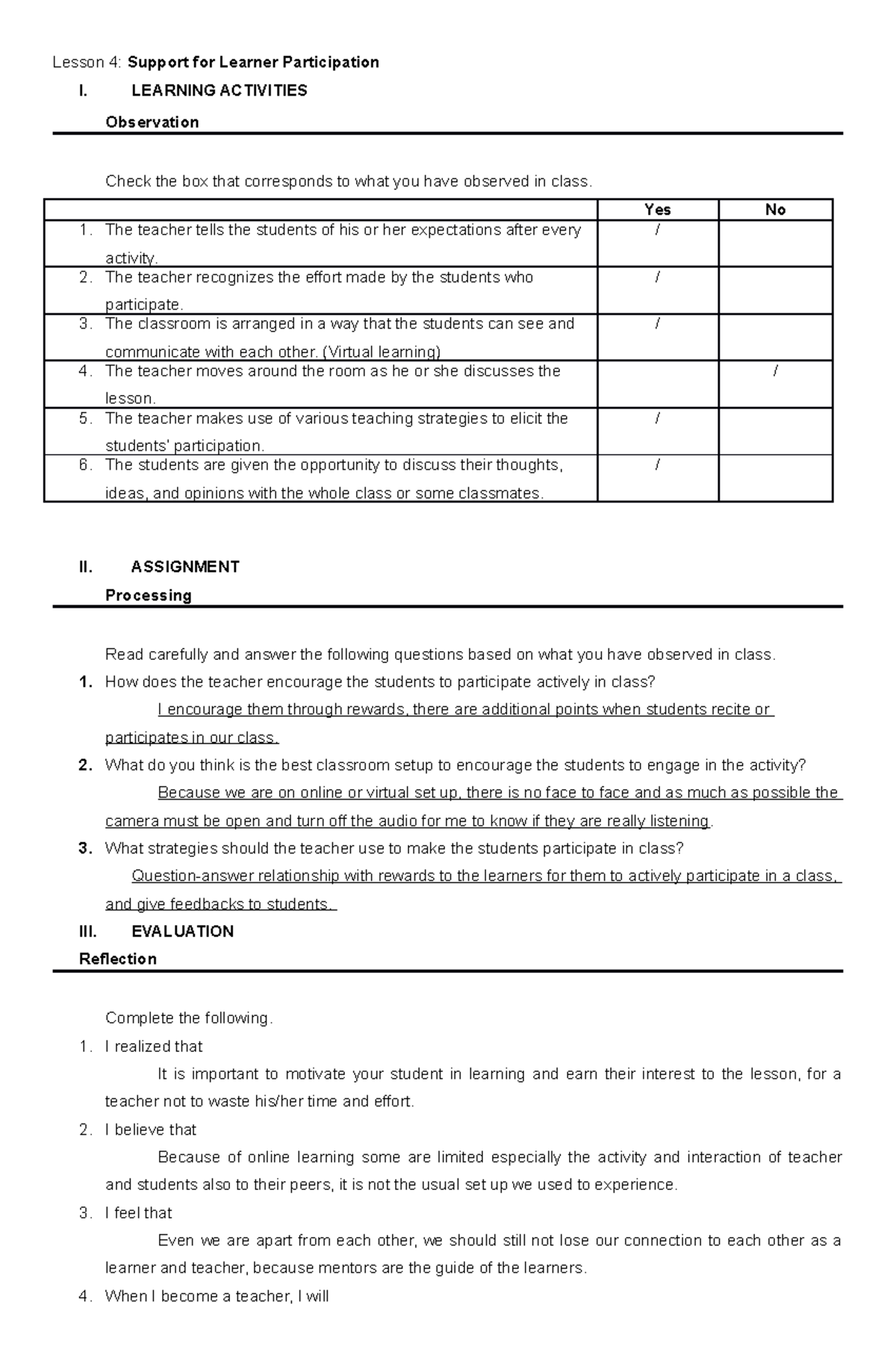 Field Study 1 Activity - Lesson 4: Support for Learner Participation I ...
