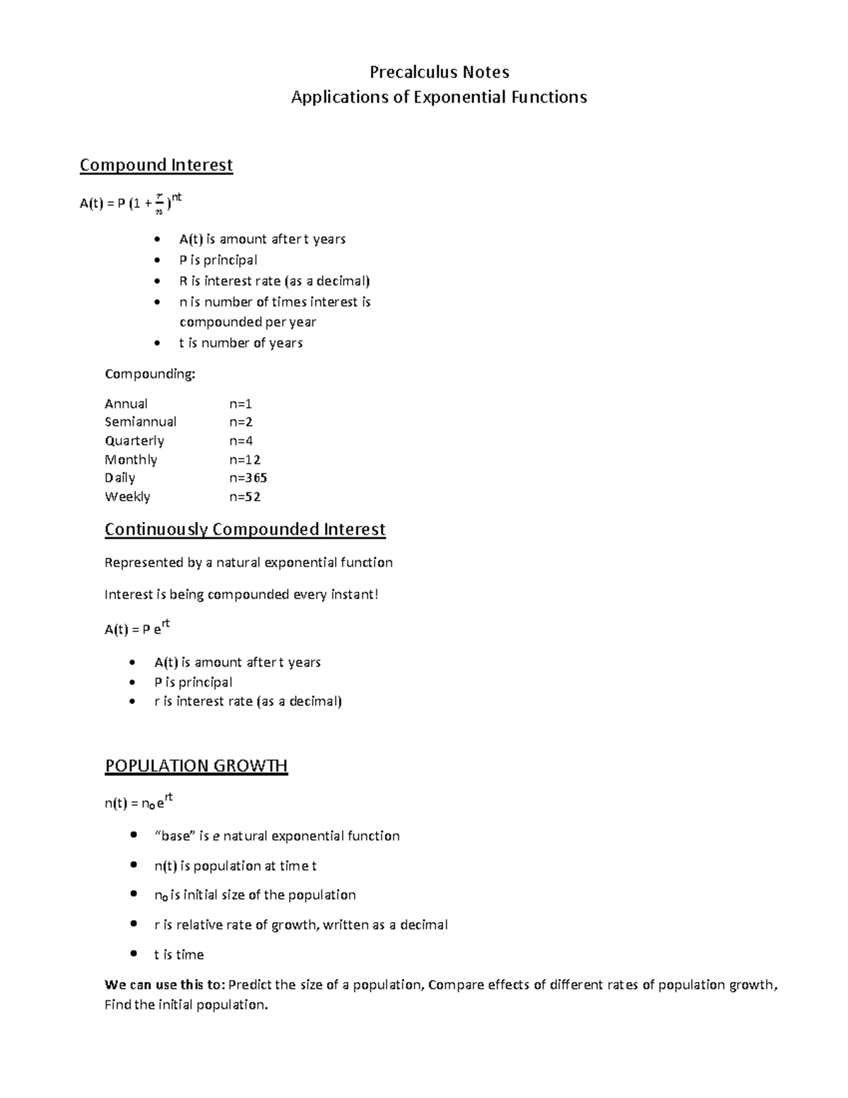 Applications of exponential functions notes - Precalculus Notes ...