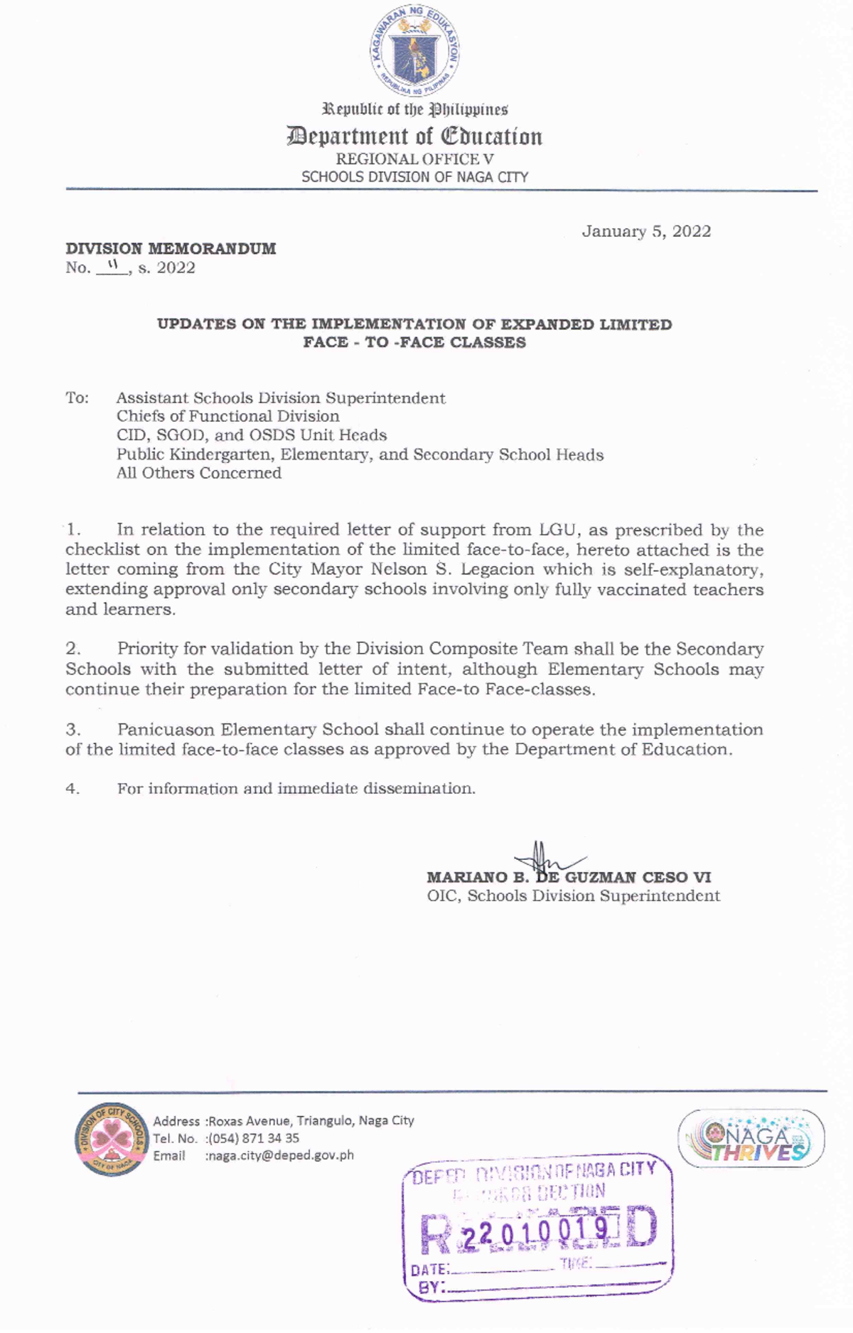 DM No. 11, s. 2022 Updates on the Implementation of Expanded Limited ...