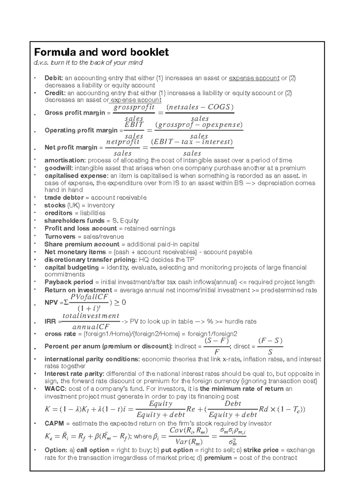 IFM lecture and tutorial summaries - Formula and word booklet d.v. burn ...