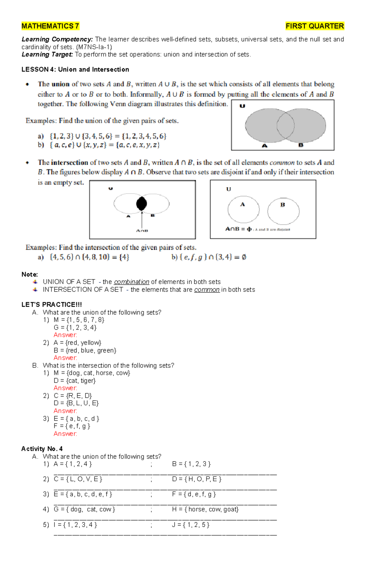 MATH7 First Quarter Lesson 4 - MATHEMATICS 7 FIRST QUARTER Learning ...