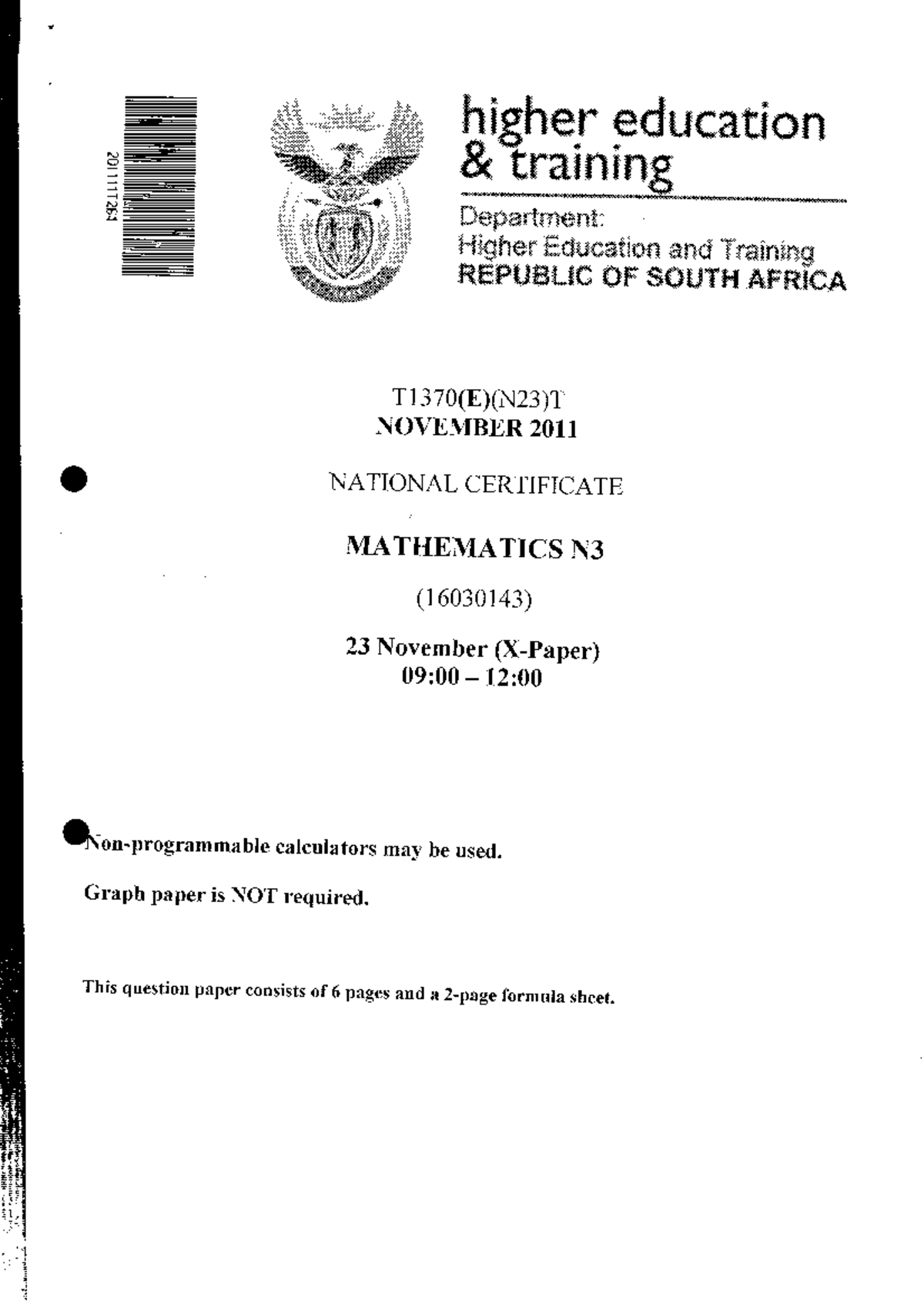 Mathematics N3 X-Paper Nov 2011 - Mathematics for business - Studocu