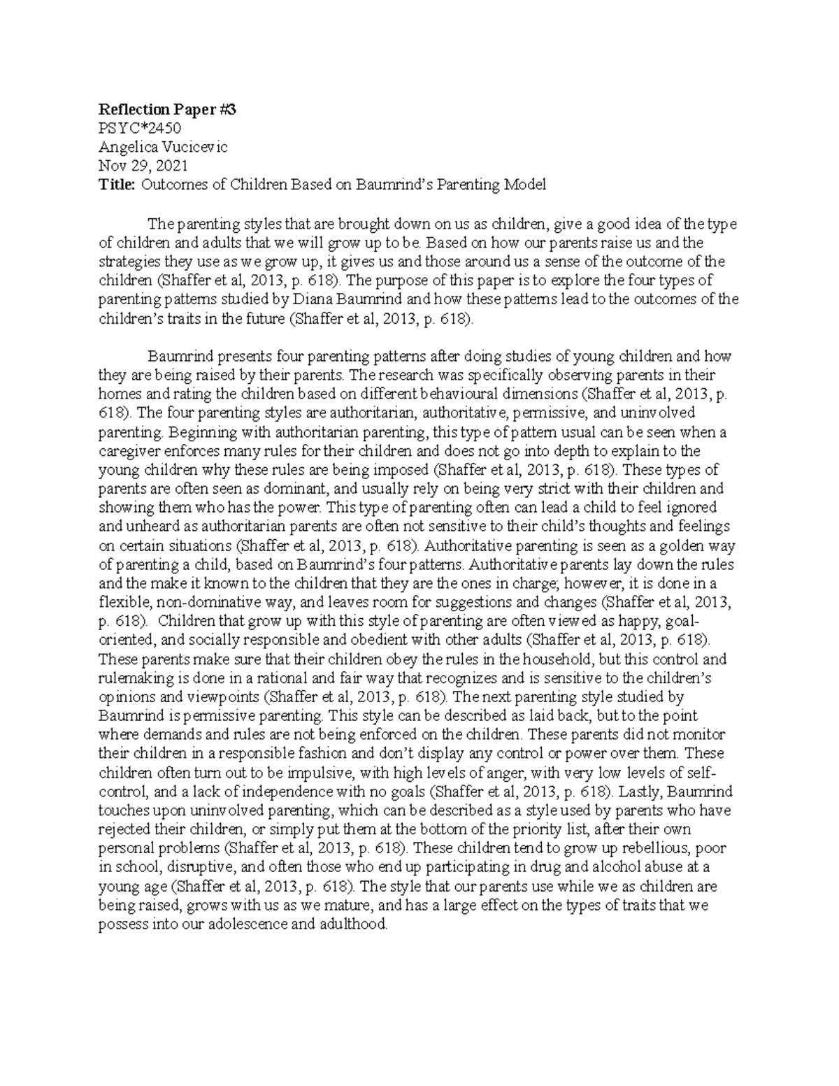Reflection Paper Number 3 - Reflection Paper # PSYC* Angelica Vucicevic ...