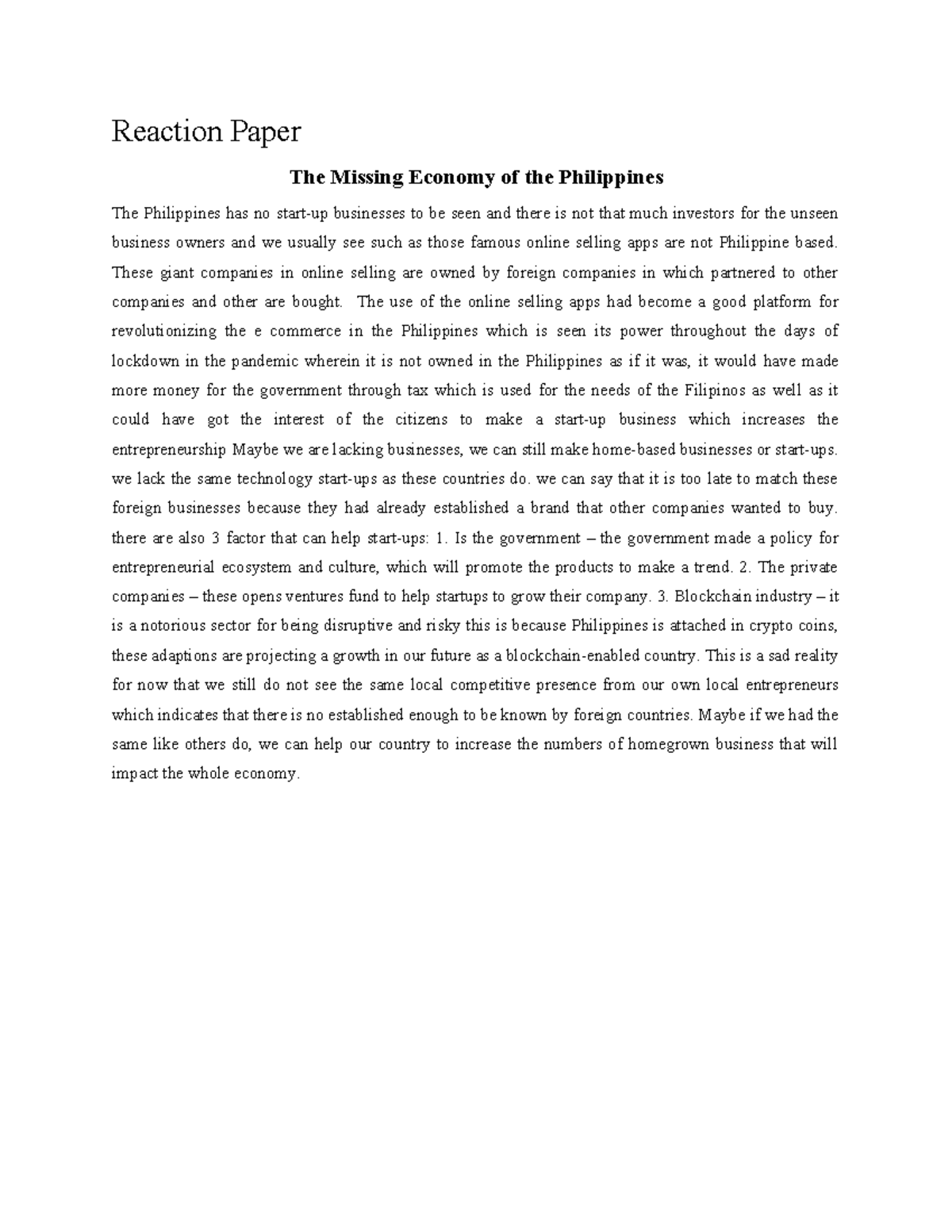The missing economy of the philippines - Reaction Paper The Missing ...