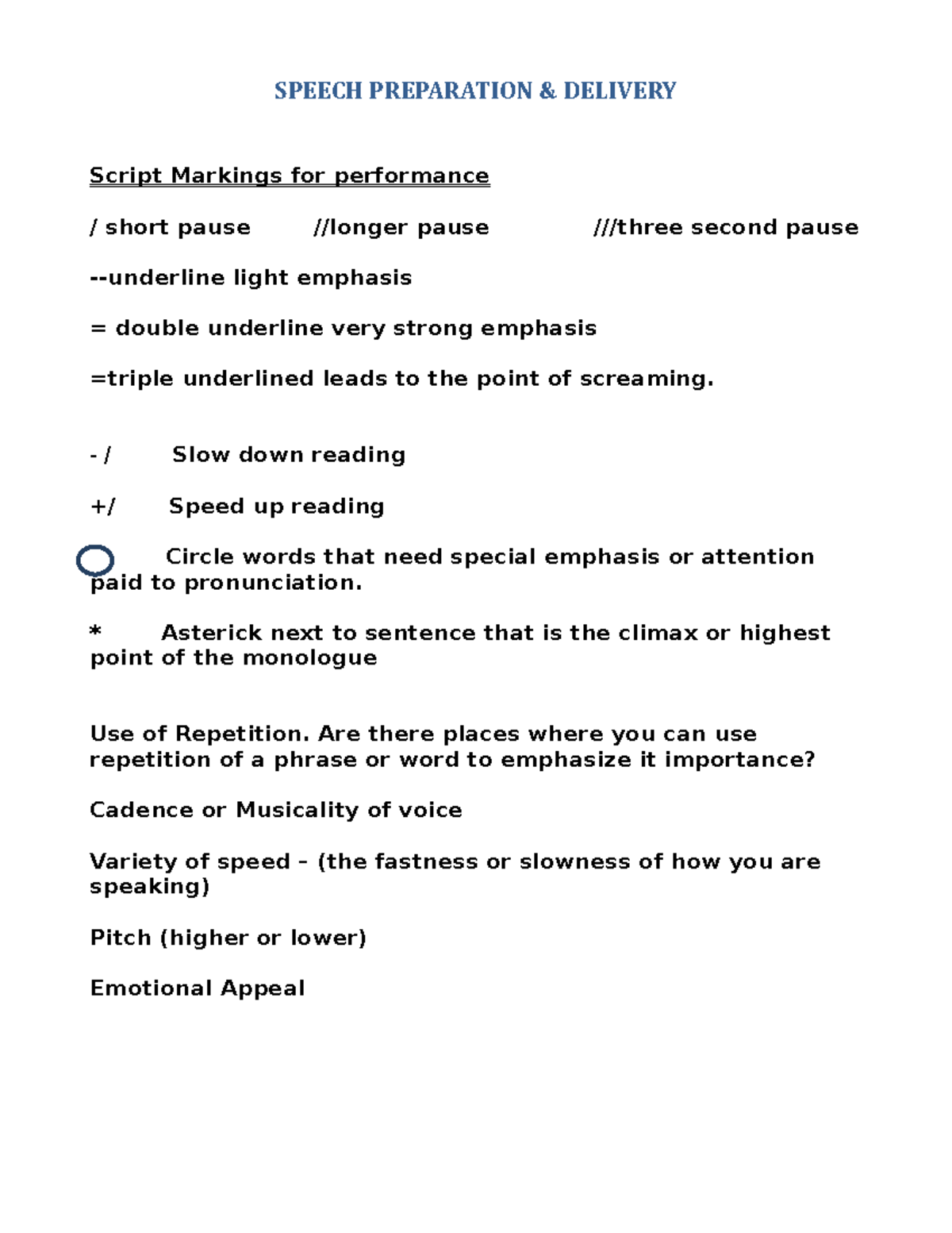 Script Markingsforperformance - SPEECH PREPARATION & DELIVERY Script ...