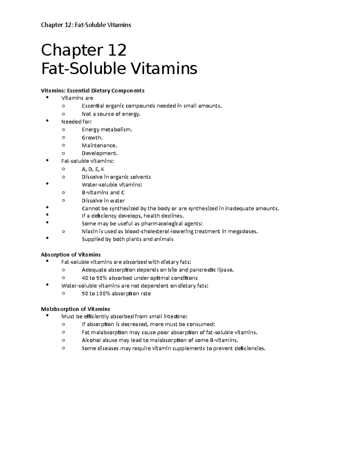 Exam 4 - aaaaaa - Chapter 12: Fat-Soluble Vitamins Chapter 12 Fat ...