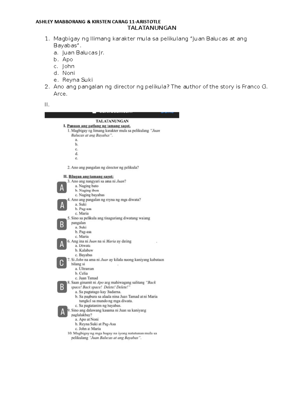 Talatanungan - TALATANUNGAN Magbigay ng llimang karakter mula sa ...