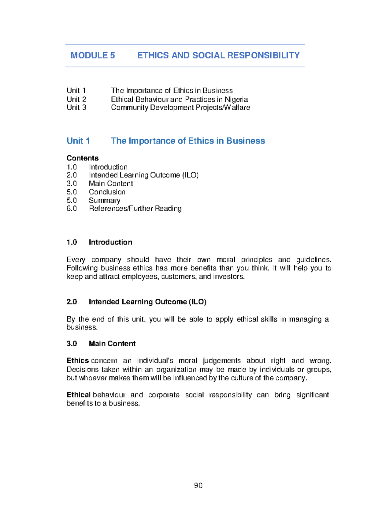 Module FIVE - 90 MODULE 5 ETHICS AND SOCIAL RESPONSIBILITY Unit 1 The ...
