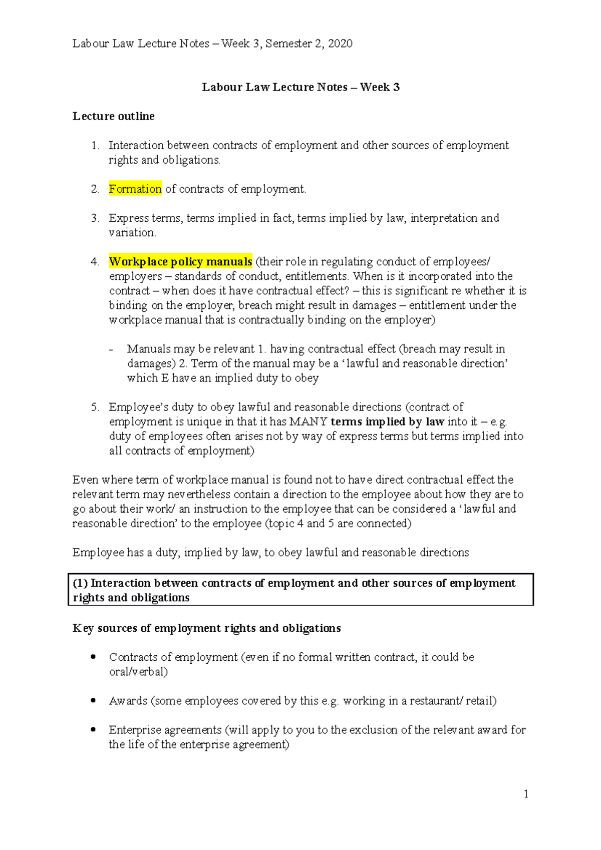 Week 3 Labour Law Notes - Labour Law Lecture Notes – Week 3 Lecture ...