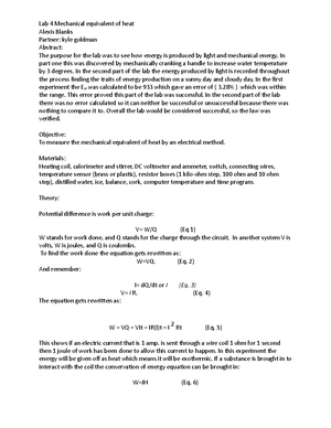 Mechanical Equivalent of Heat (Electrical Method) Lab Report - I. Basic ...