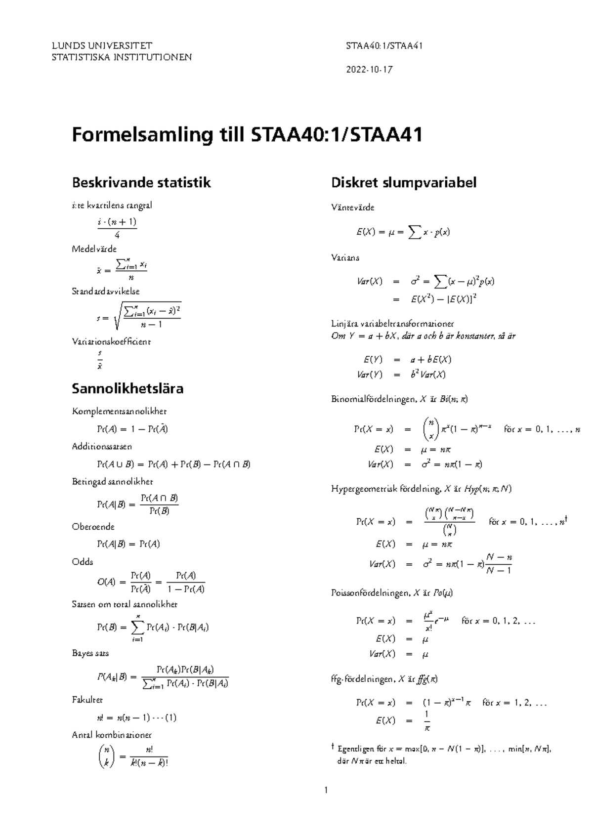Formelsamling-5 - En komplett formelsalmling - LUNDS UNIVERSITET STAA40 ...