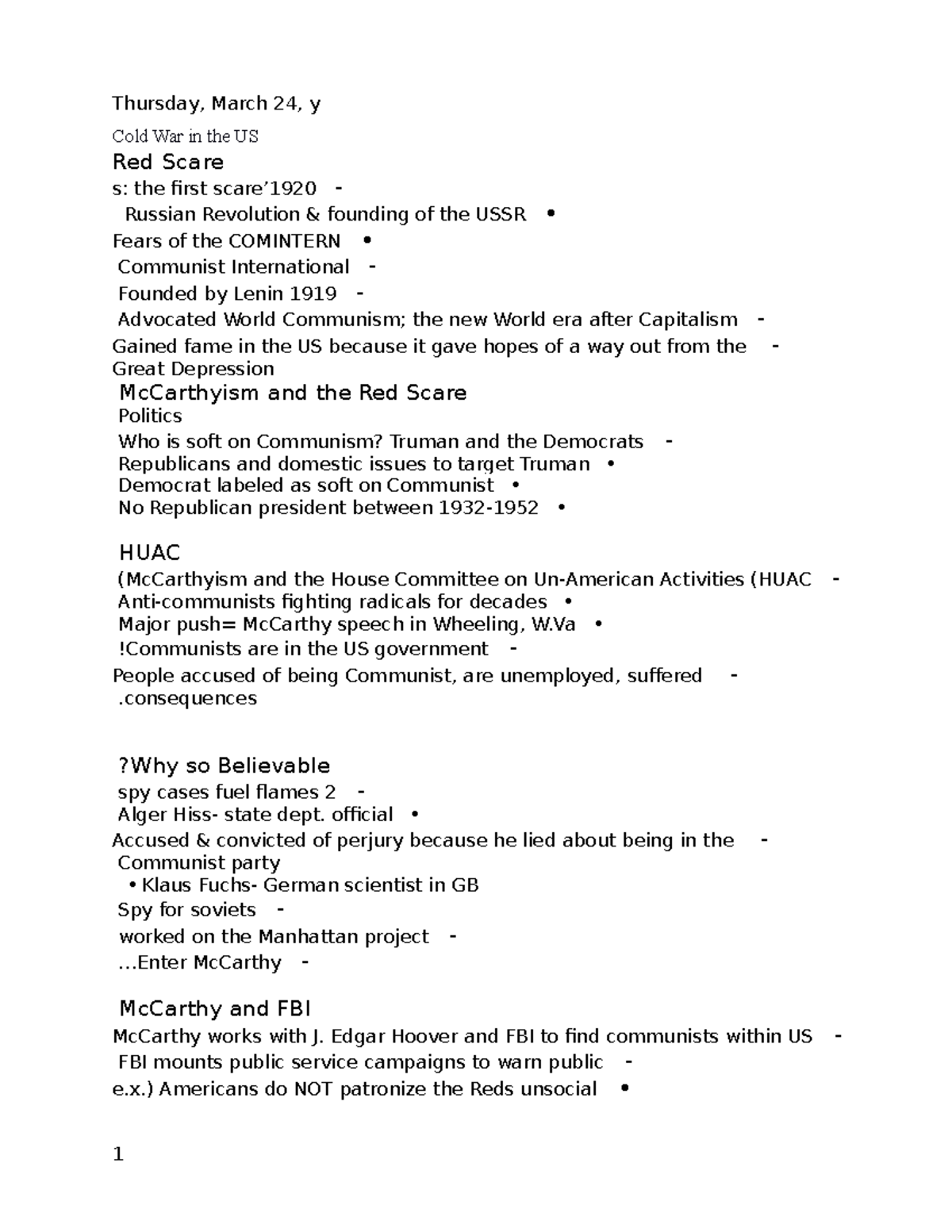 Cold War in the US Lecture Notes - Cold War in the US Red Scare s: the ...
