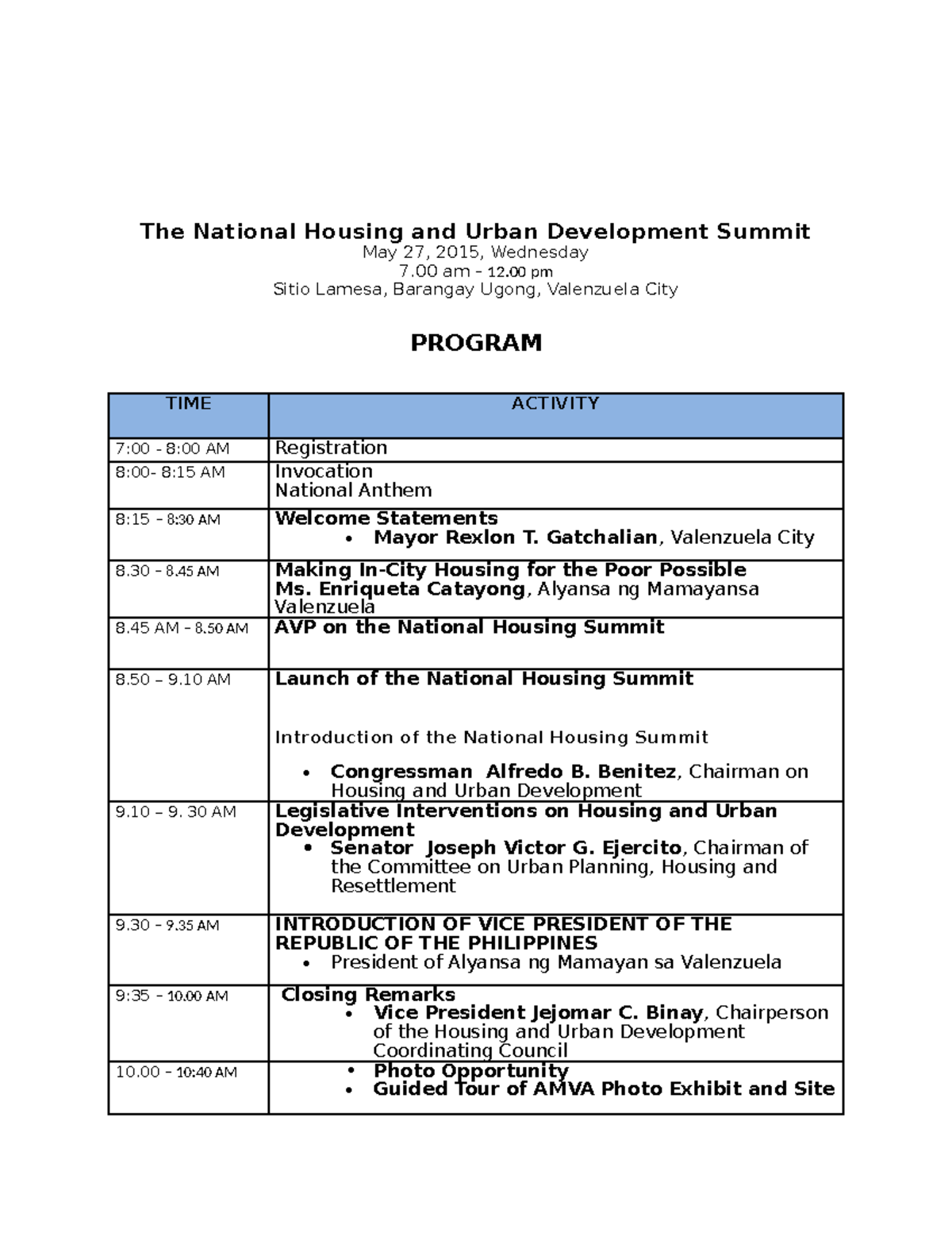 Sample Program - The National Housing and Urban Development Summit May ...