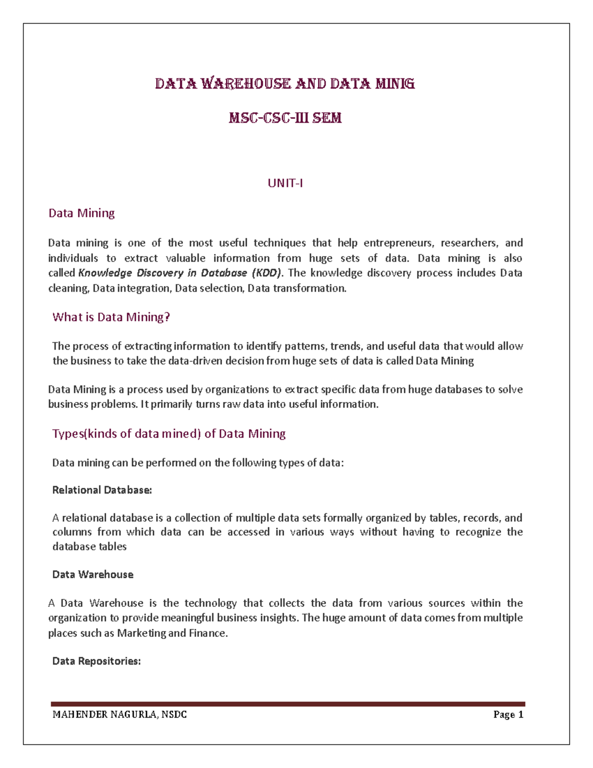 Data Mining Notes Data Warehouse And Data Minig Msc Csc Iii Sem Unit