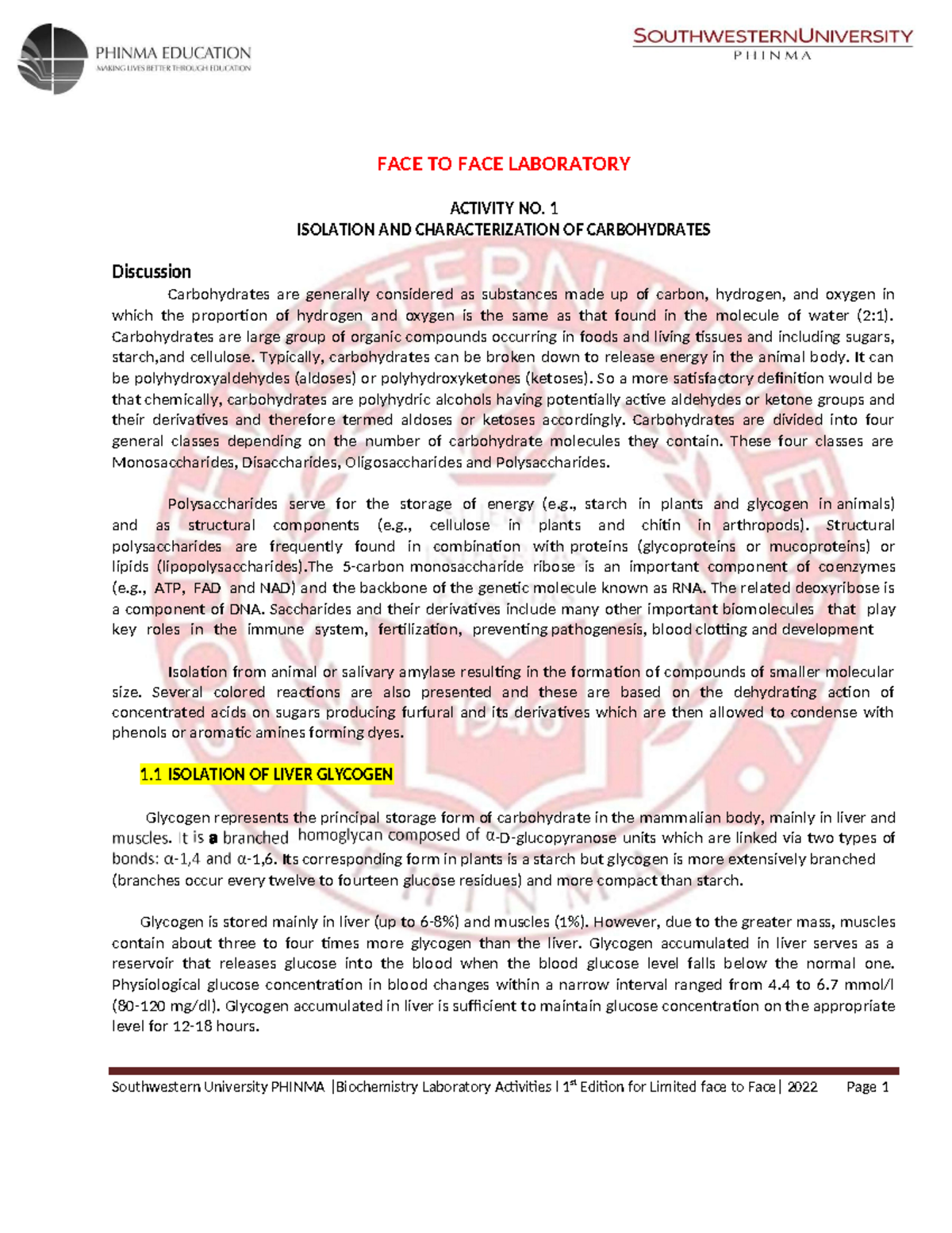 Carbohydrates Face to Face Experiments - FACE TO FACE LABORATORY ...