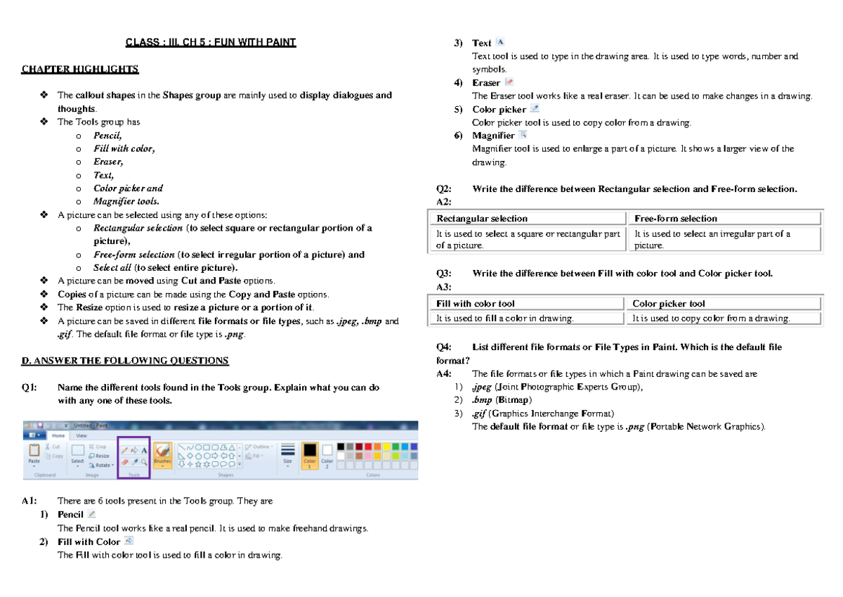 Notes on Class III CH 5 FUN WITH Paint - CLASS : III, CH 5 : FUN WITH ...