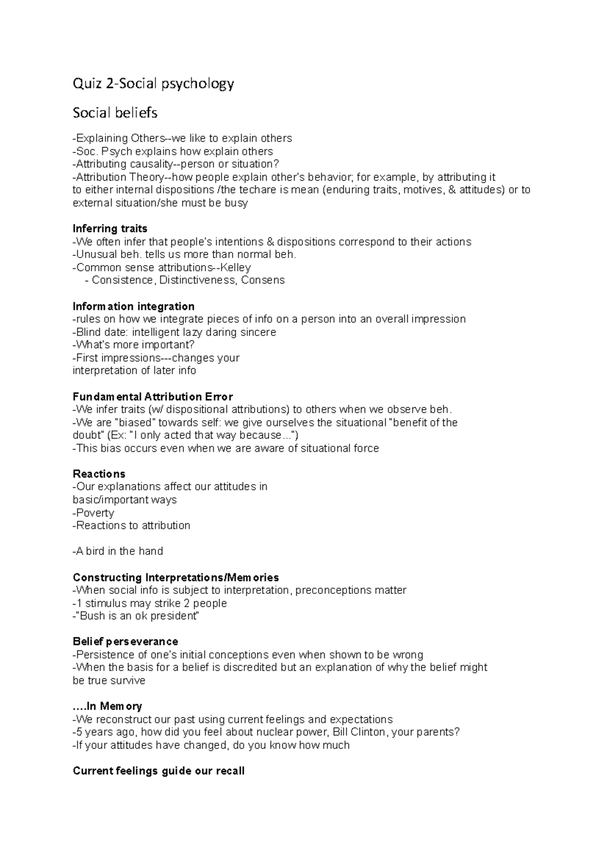 Quiz 2-social psychology - Quiz 2-Social psychology Social beliefs ...