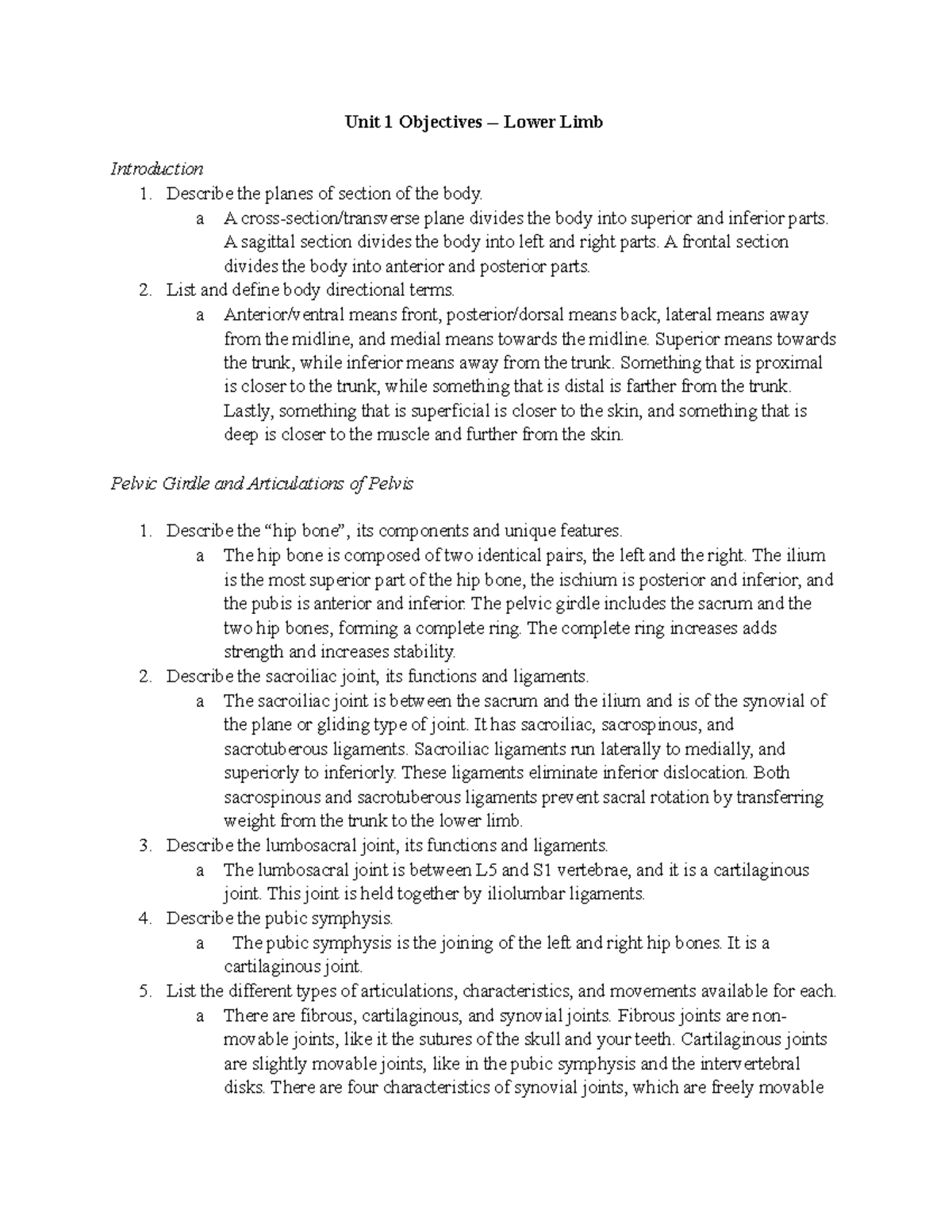 Unit1objectives Completed Lecture Objectives For Lower Limb Unit