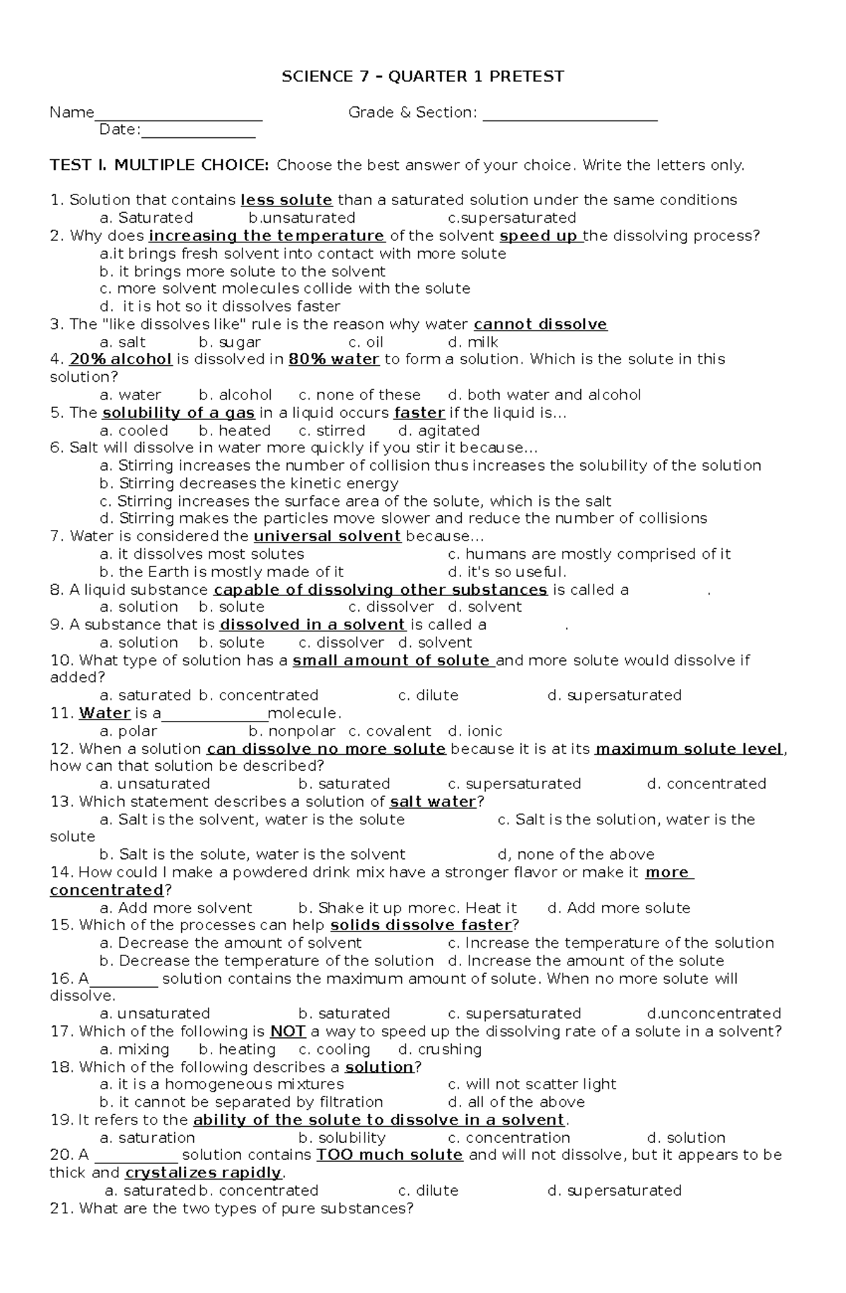 Science 7 Quarter 1 Pre test - SCIENCE 7 – QUARTER 1 PRETEST Name ...