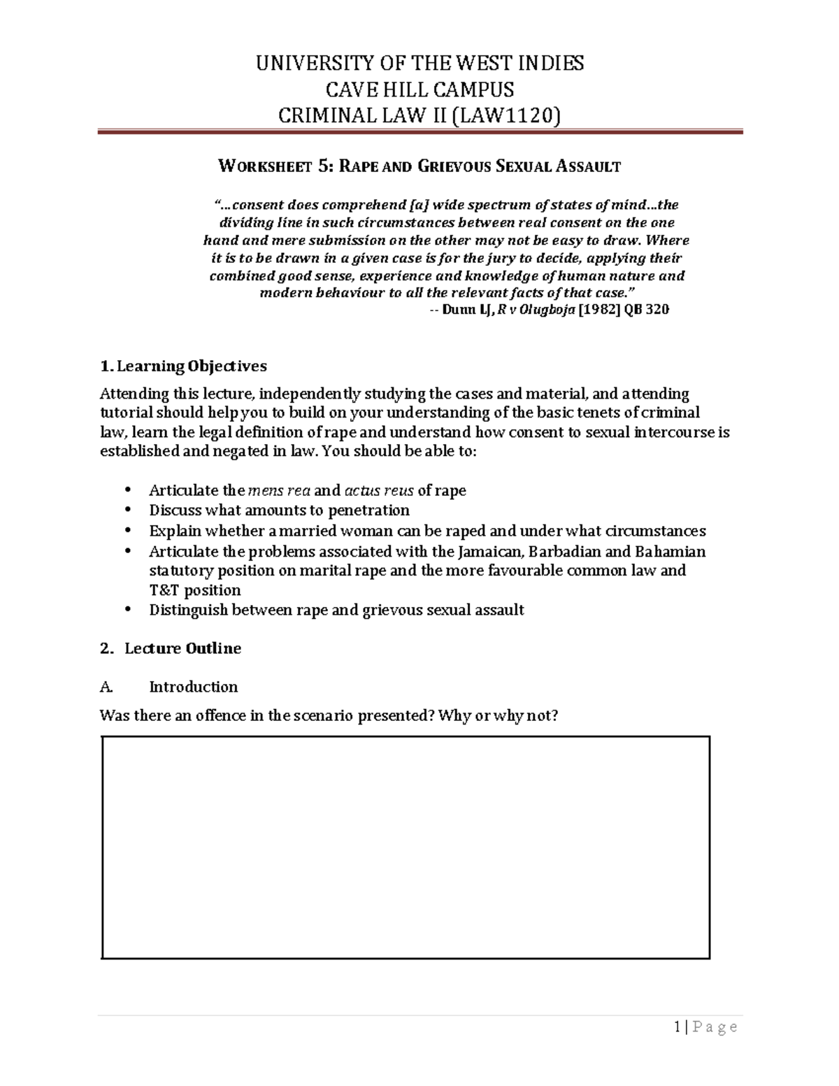 Law II Worksheet 5 - Rape and Grievous Sexual Assault - CAVE HILL ...