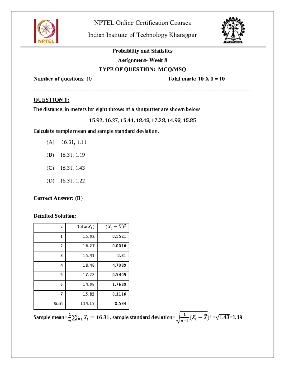 Assignment 8 prob stat 2023 - Indian Institute of Technology Kharagpur Probability and ...
