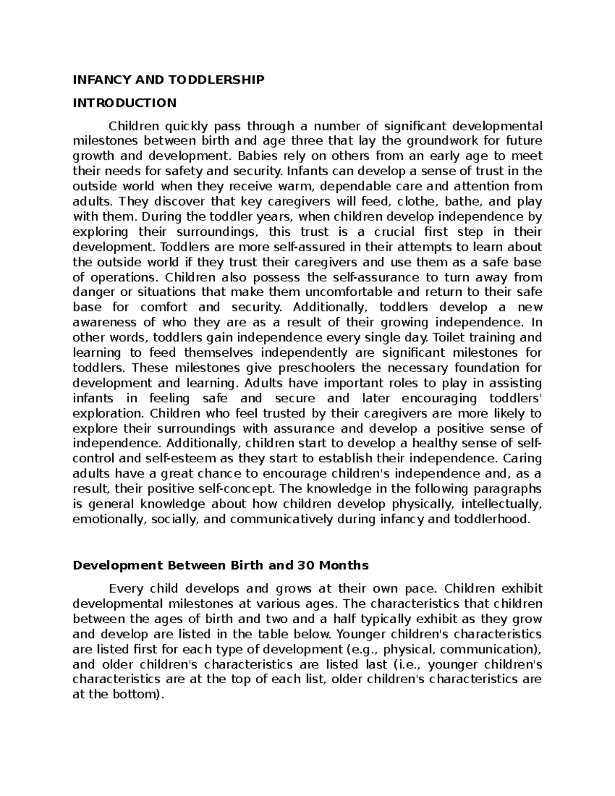 Infancy and Toddlership - INFANCY AND TODDLERSHIP INTRODUCTION Children ...