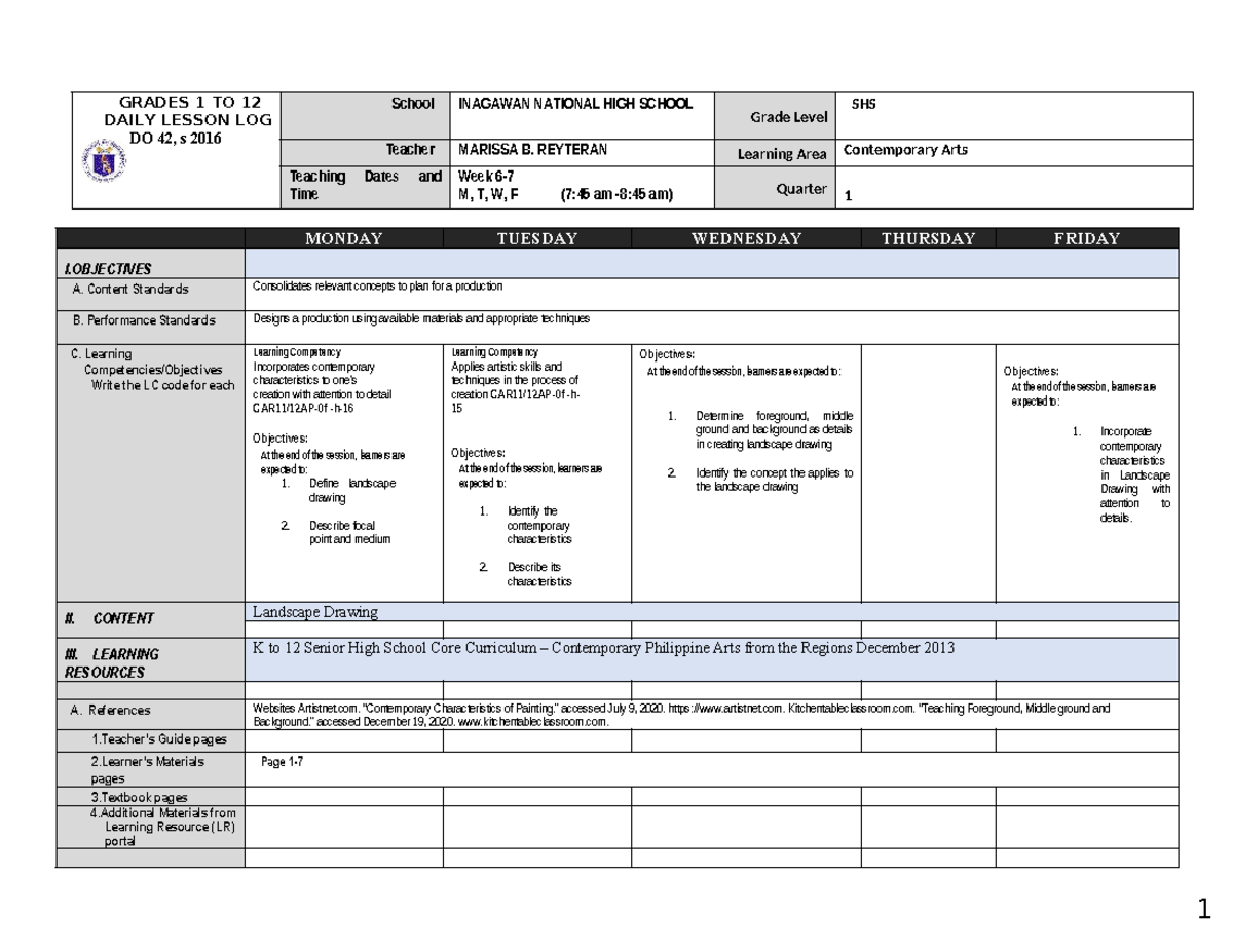 CPAR DLL W8-W9 - CONTEMPORARY ARTS - GRADES 1 TO 12 DAILY LESSON LOG DO ...