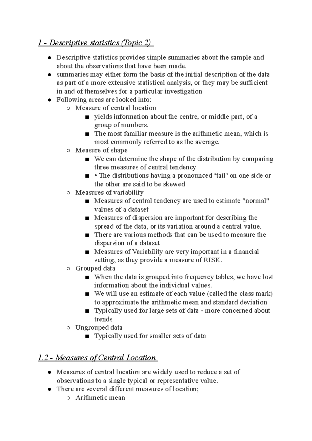 Statistics for Business - 1 - Descriptive statistics (Topic 2 ...