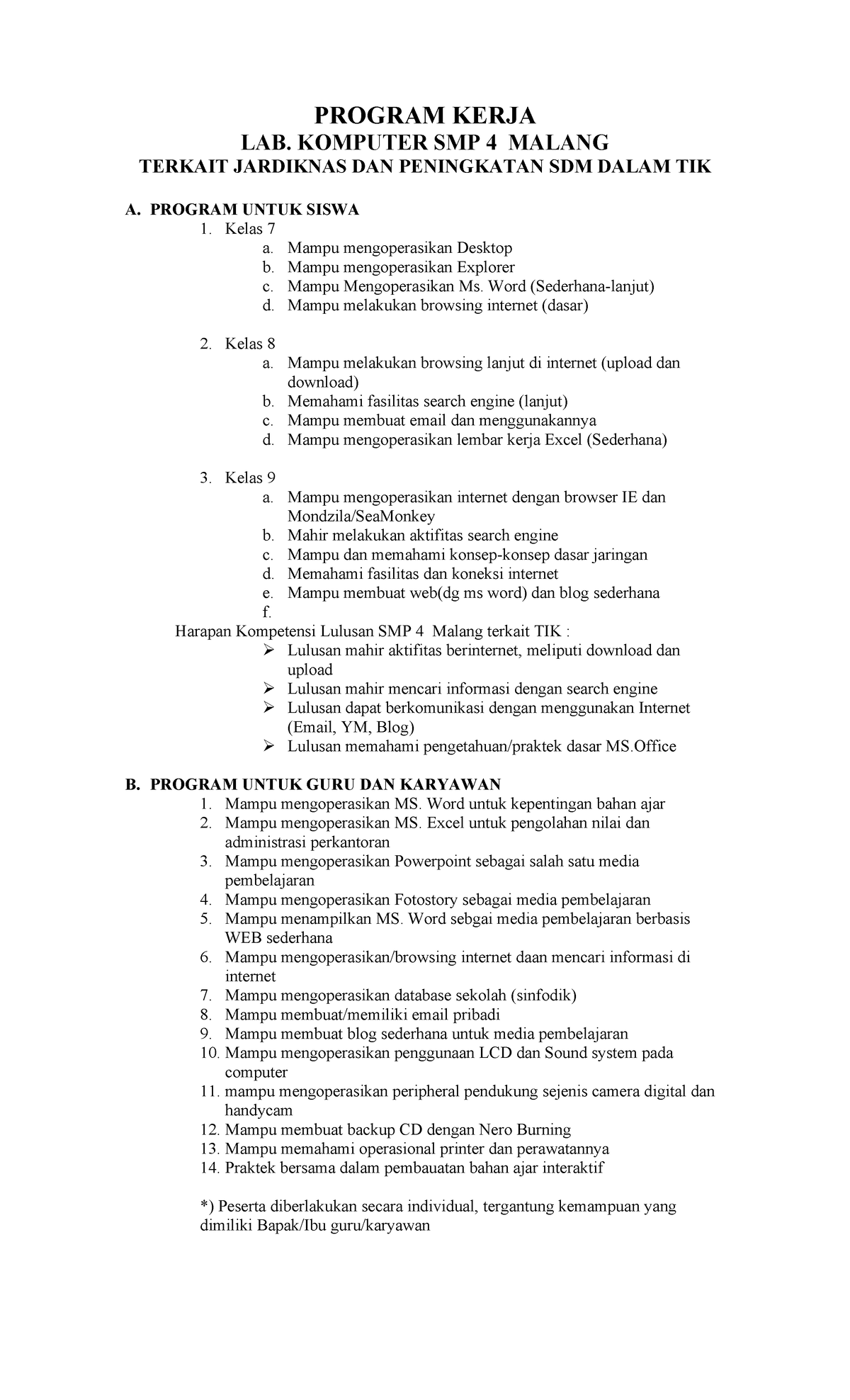 Program-kerja tik - PROGRAM TIK - PROGRAM KERJA LAB. KOMPUTER SMP 4 MALANG TERKAIT JARDIKNAS DAN ...