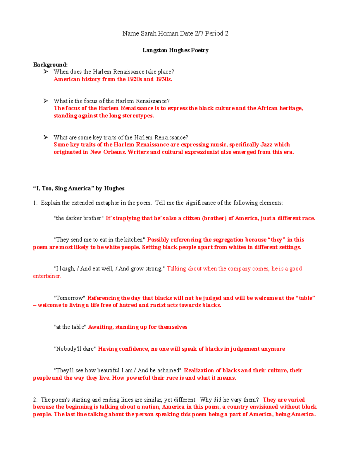 Langston Hughes Poetry Questions - Name Sarah Homan Date 2/7 Period 2 ...