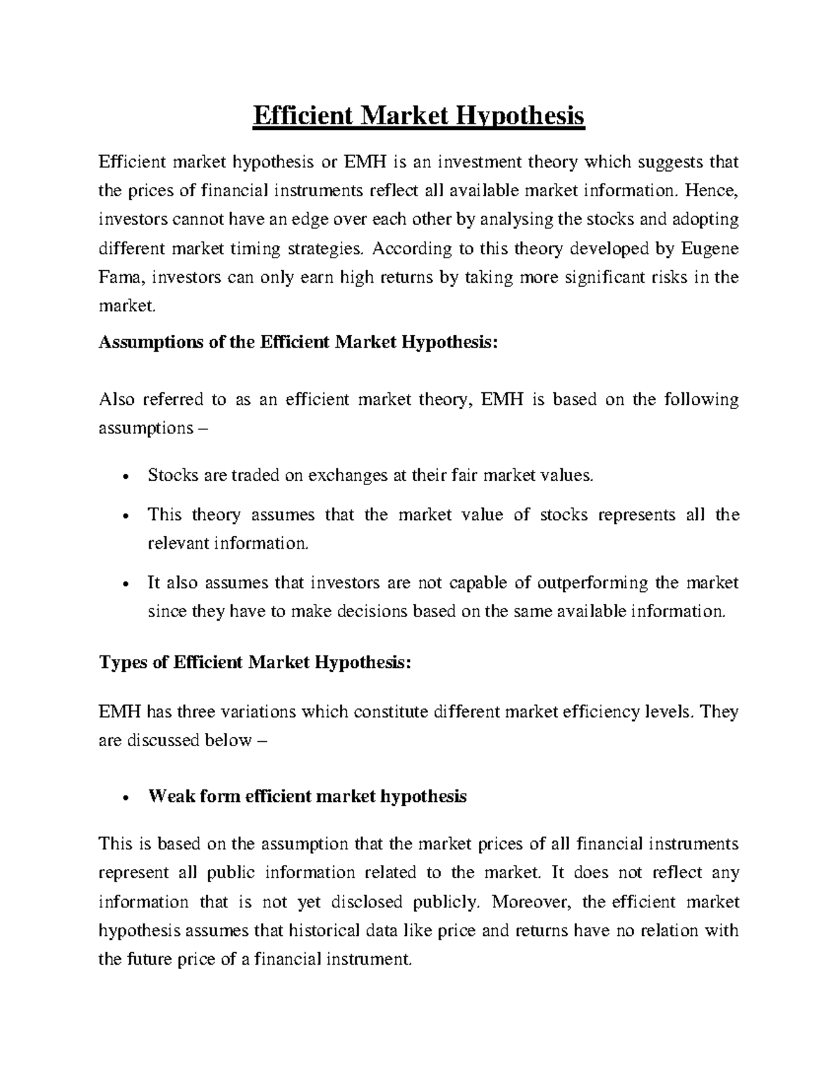 Efficient Market Hypothesis - Efficient Market Hypothesis Efficient ...