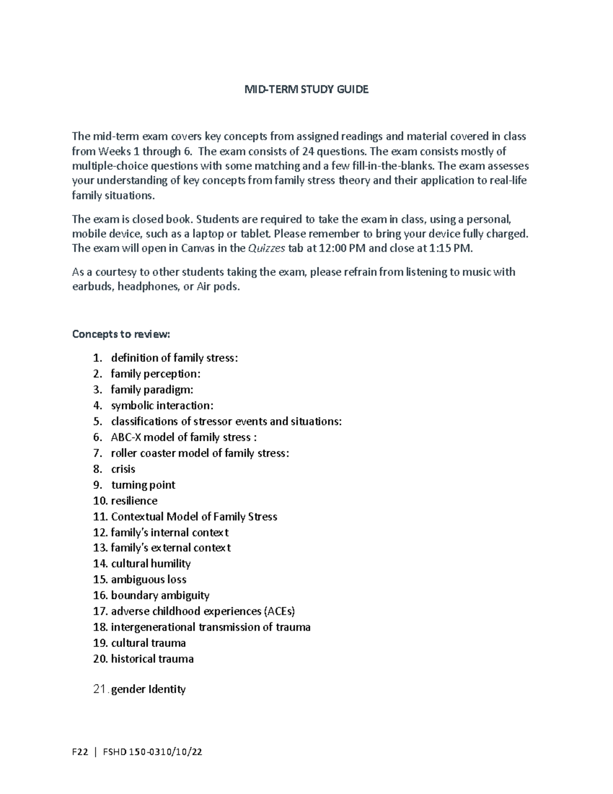 F22+FSHD150+Midterm+Study+Guide - MID-TERM STUDY GUIDE The mid-term exam covers key concepts ...
