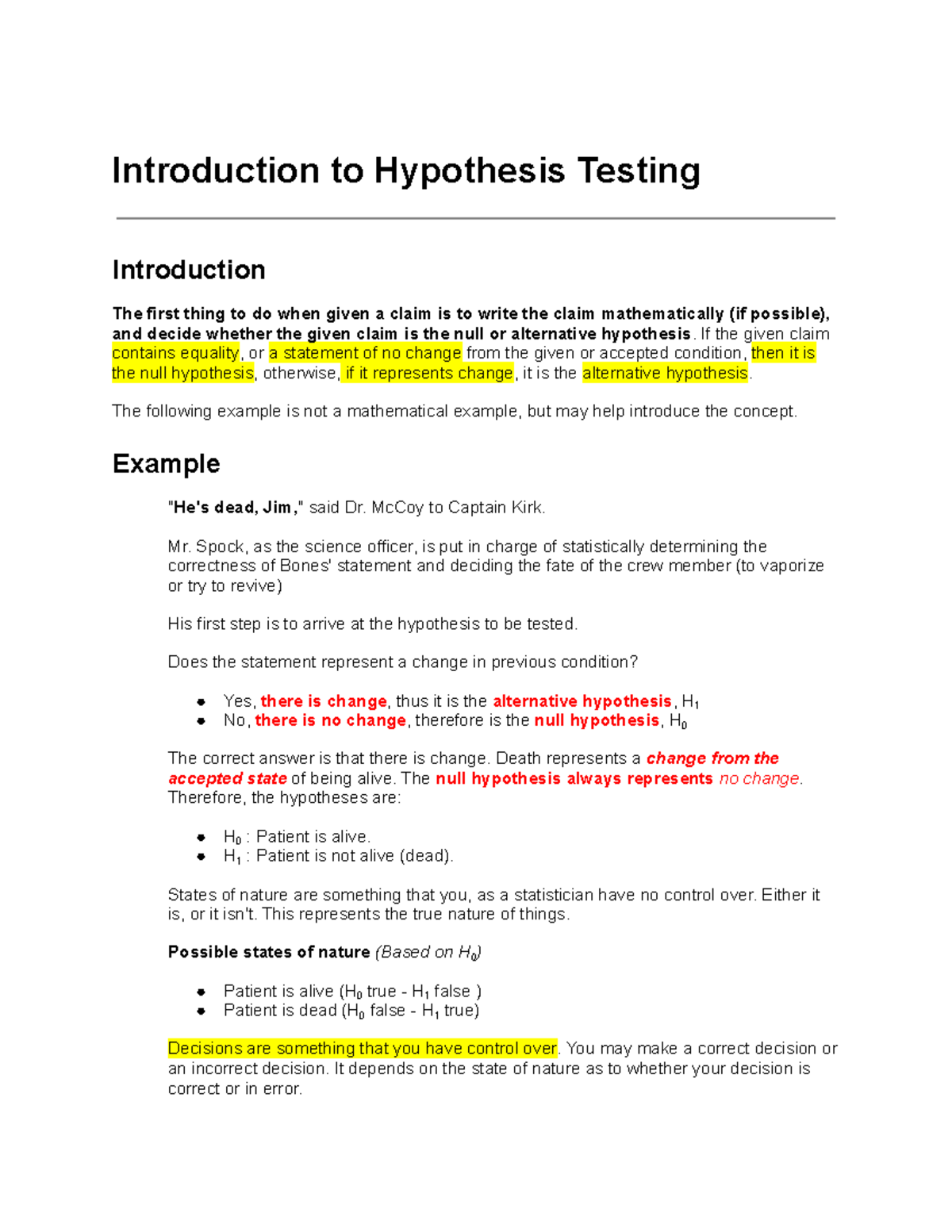 Introduction To Hypothesis Testing Introduction To Hypothesis Testing